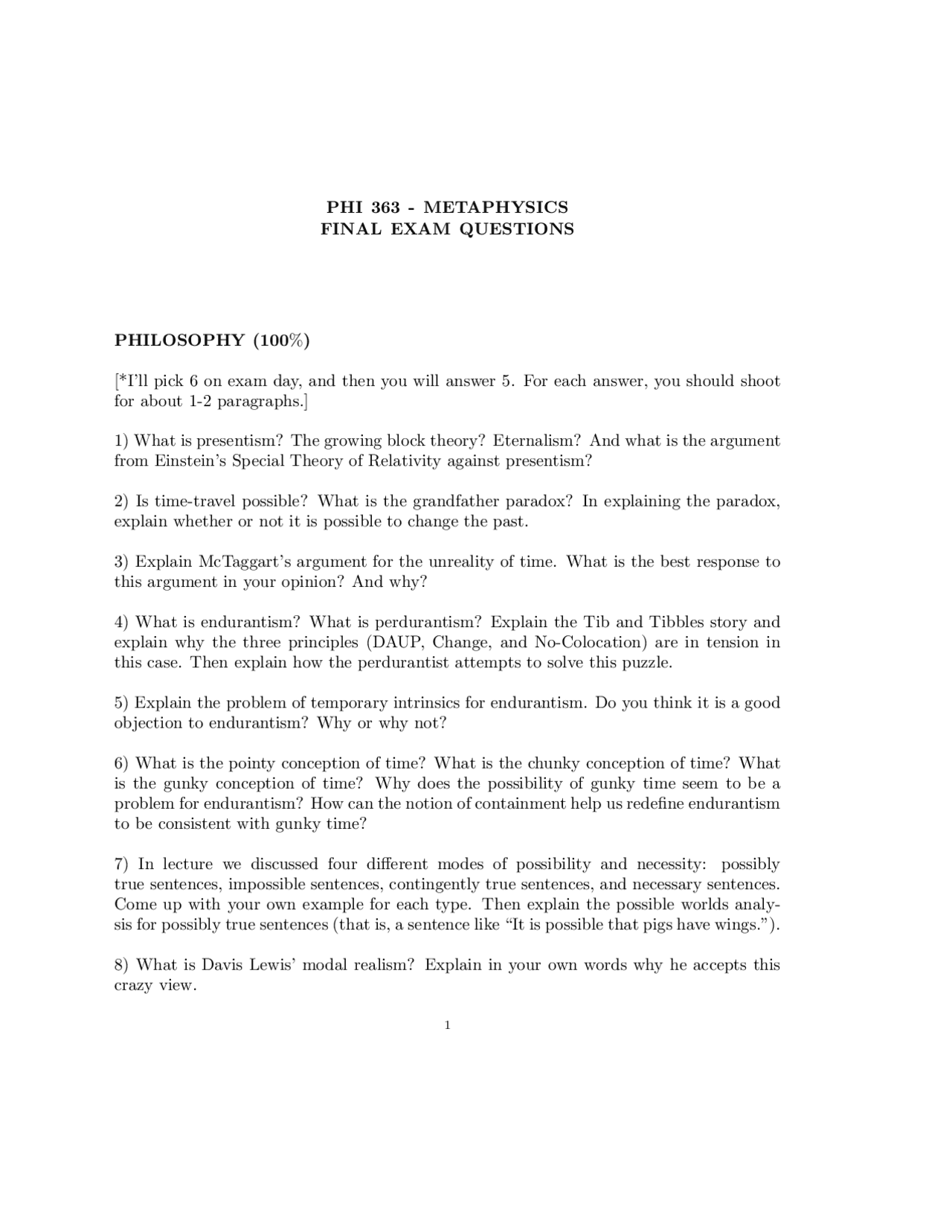 Phi 363 Metaphysics Final Exam Questions Exams Philosophy Docsity