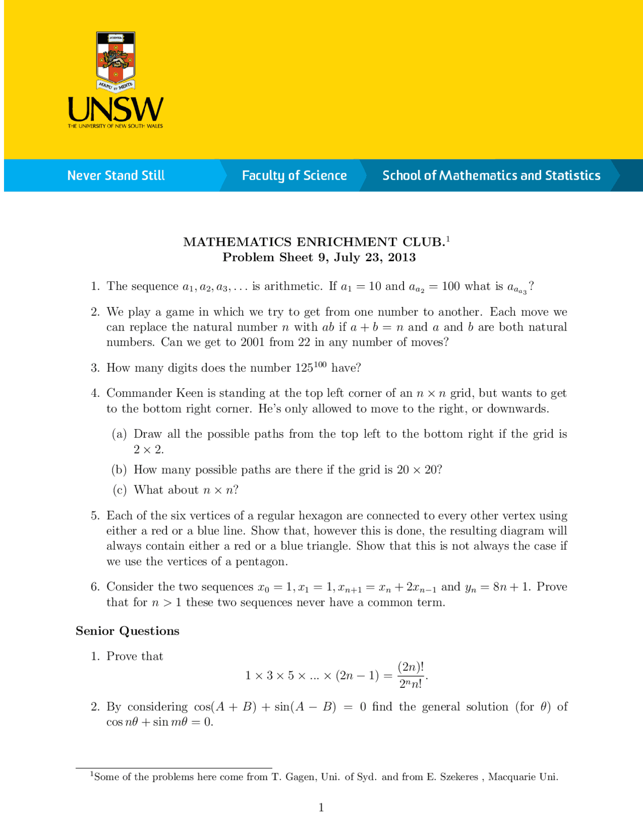 Mathematics Enrichment Club Problem Sheet 9 Lecture Notes Mathematics