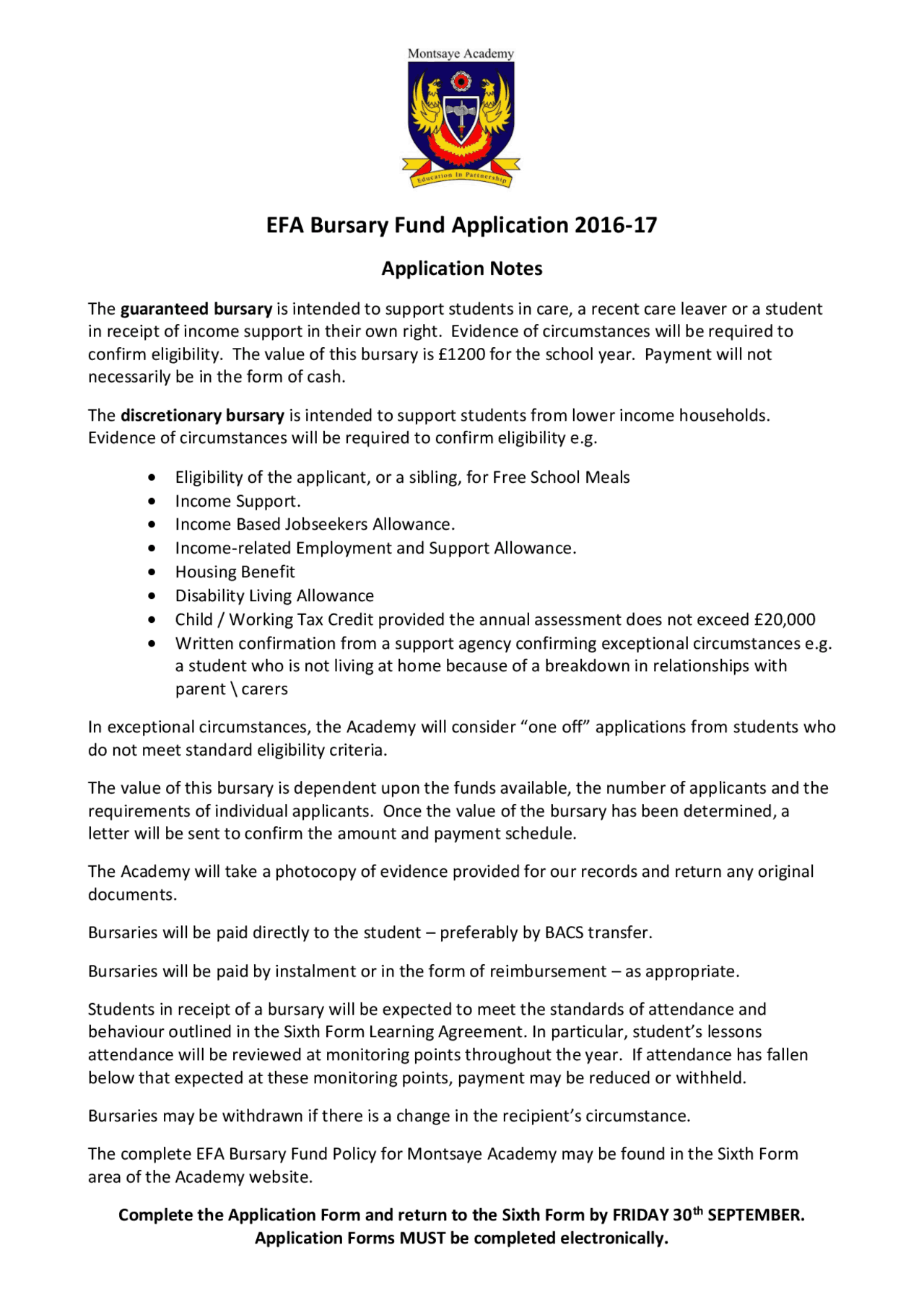 EFA Bursary Fund Application 2016-17 | Exercises School management ...