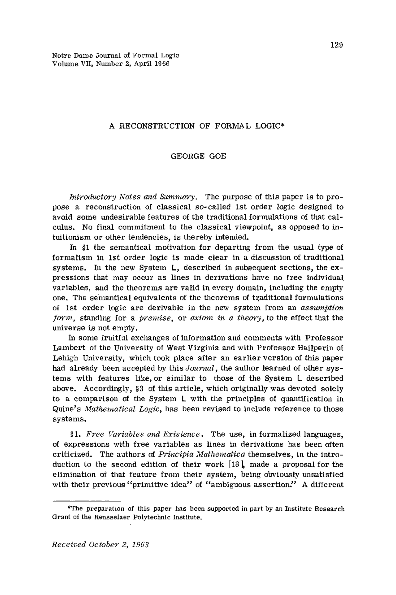 A Reconstruction Of Formal Logic George Goe Summaries Logic Docsity