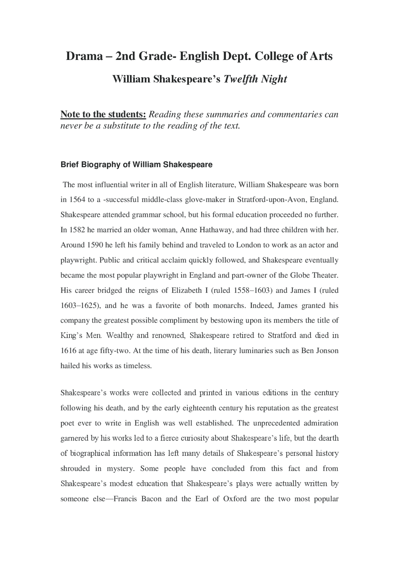 William Shakespeare's Twelfth Night and Brief Biography | Slides ...