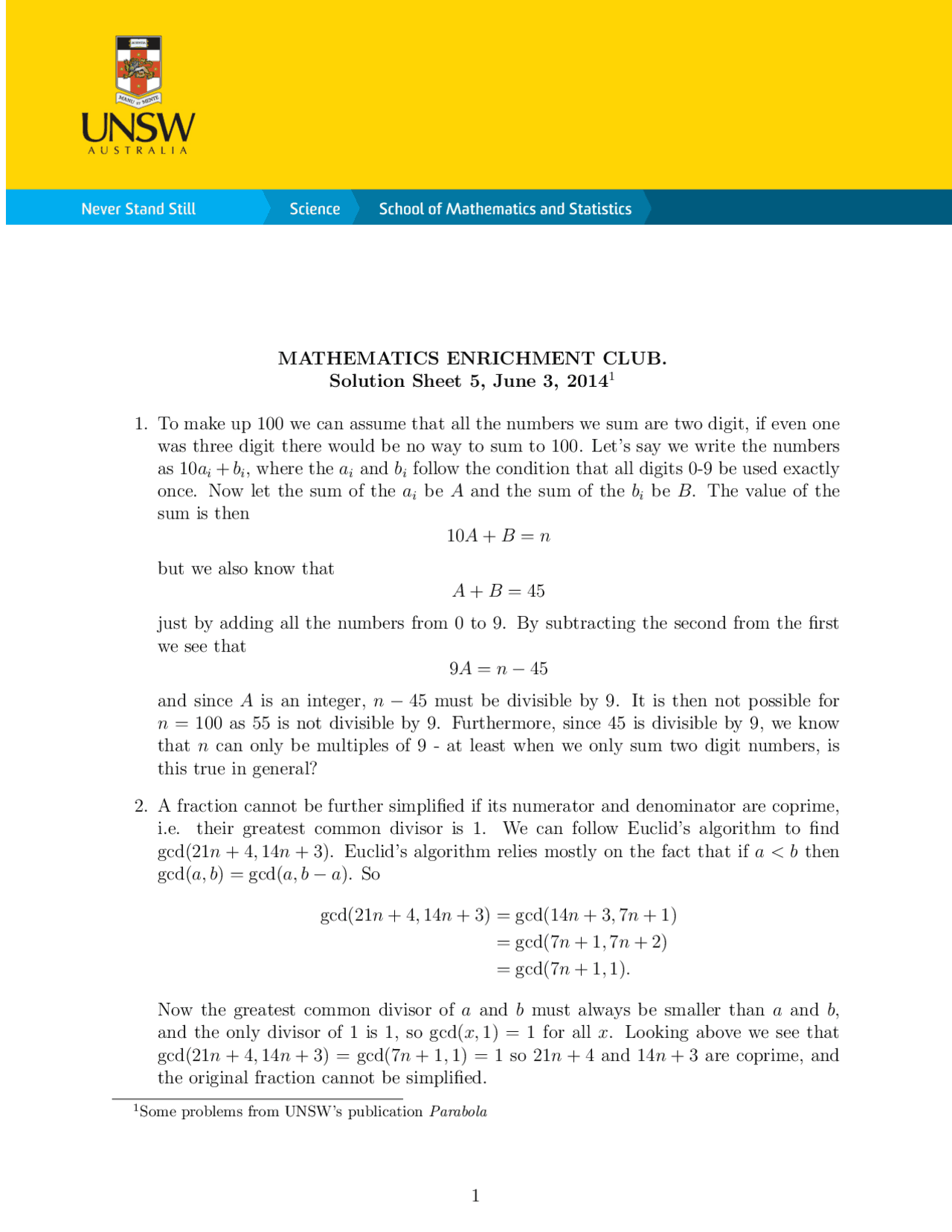 Mathematics Enrichment Club Solutions | Exercises Mathematics | Docsity