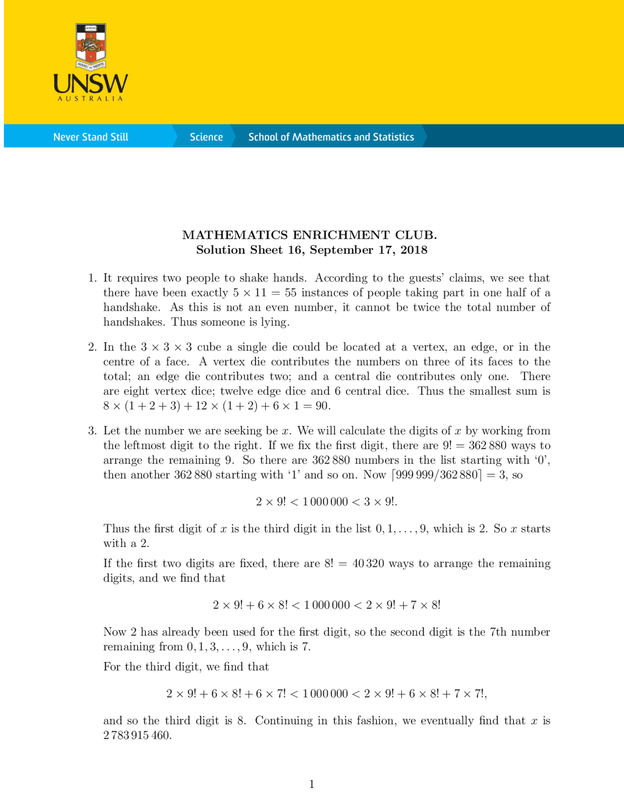 Mathematics Enrichment Club Solution Sheet 16 Summaries Mathematics