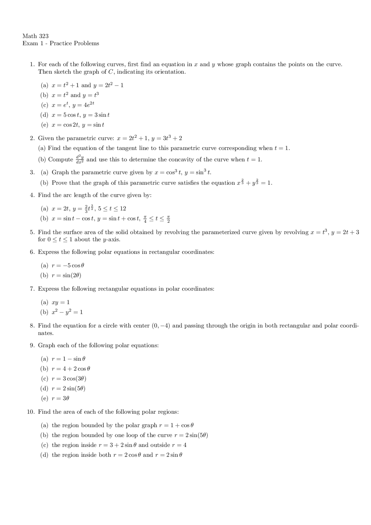 Math 323 Exam 1 - Practice Problems | Study notes Calculus | Docsity