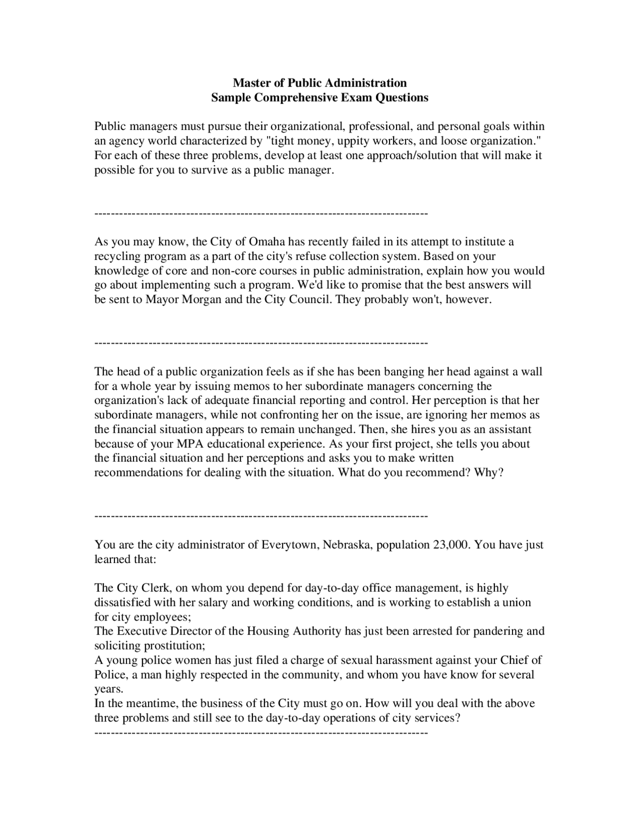 Sample Comprehensive Exam Questions for Master of Public Administration ...