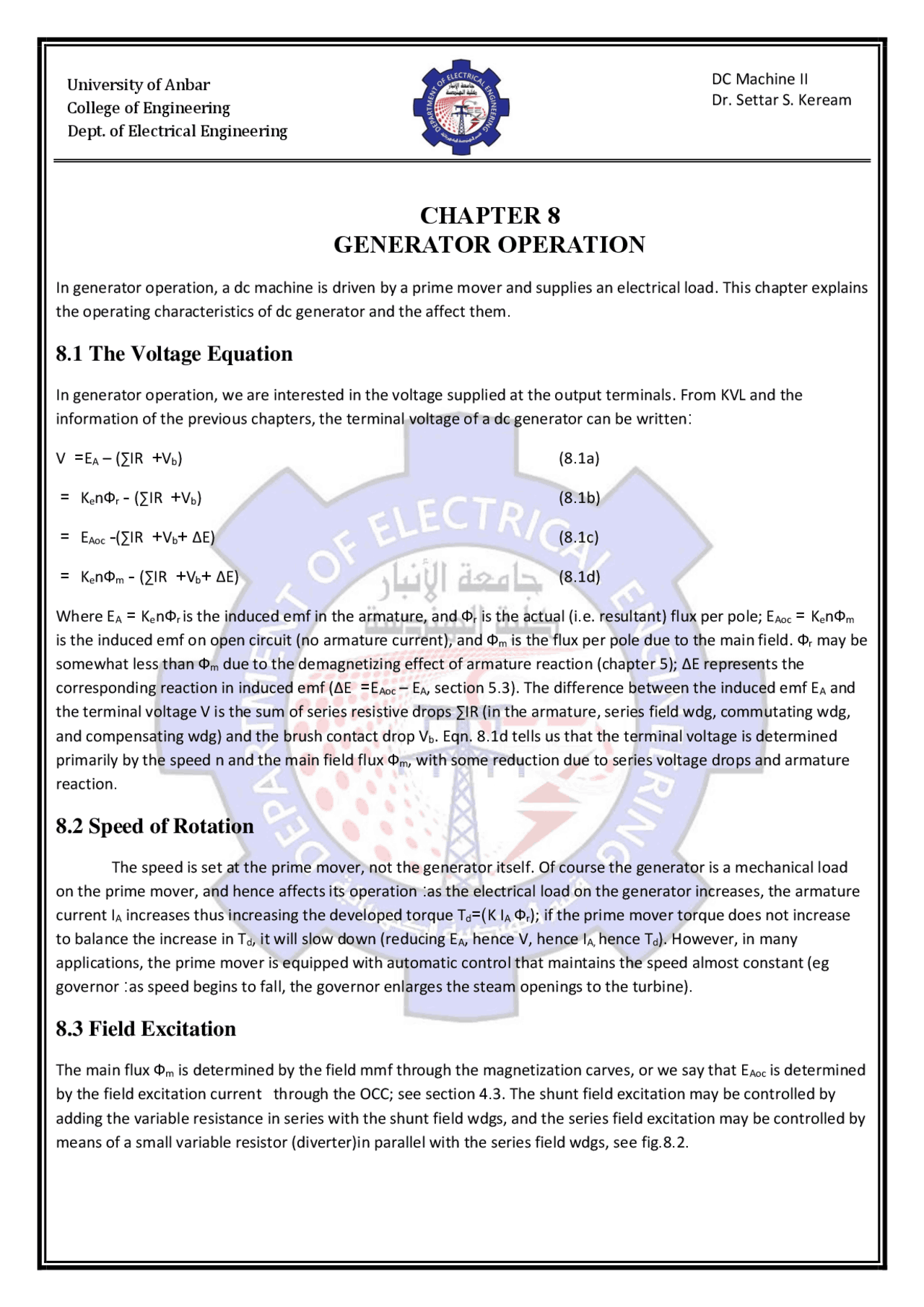 Chapter 8 Generator Operation Exercises Engineering Docsity