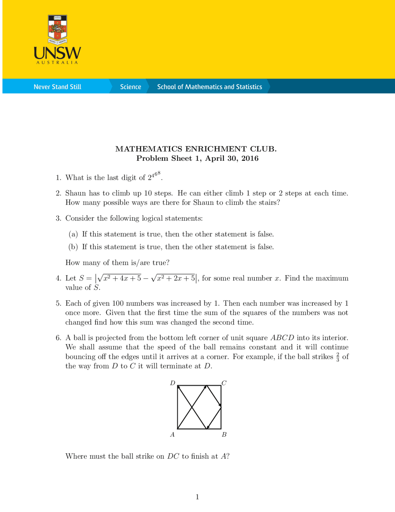 Mathematics Enrichment Club Problem Sheet 1 | Study notes Mathematics ...
