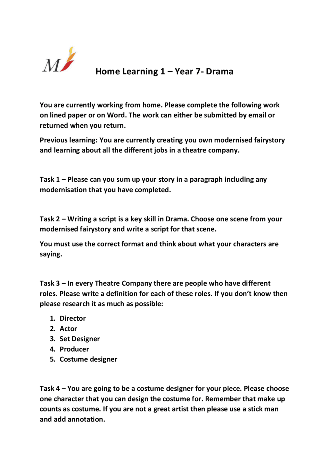 Home Learning 1 - Year 7 Drama | Apuntes Teatro | Docsity