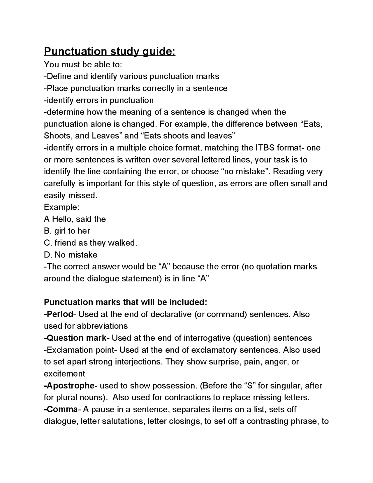 Punctuation Study Guide | Exams English | Docsity