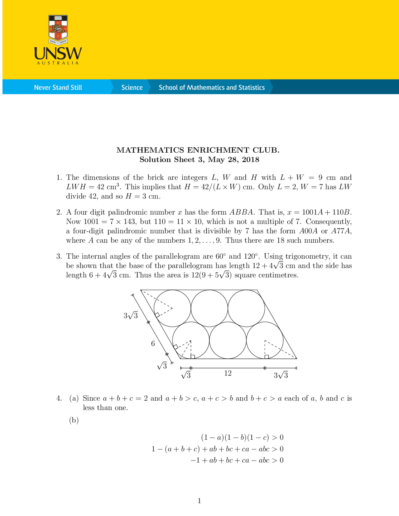 Mathematics Enrichment Club Solution Sheet 3 | Exercises Mathematics ...
