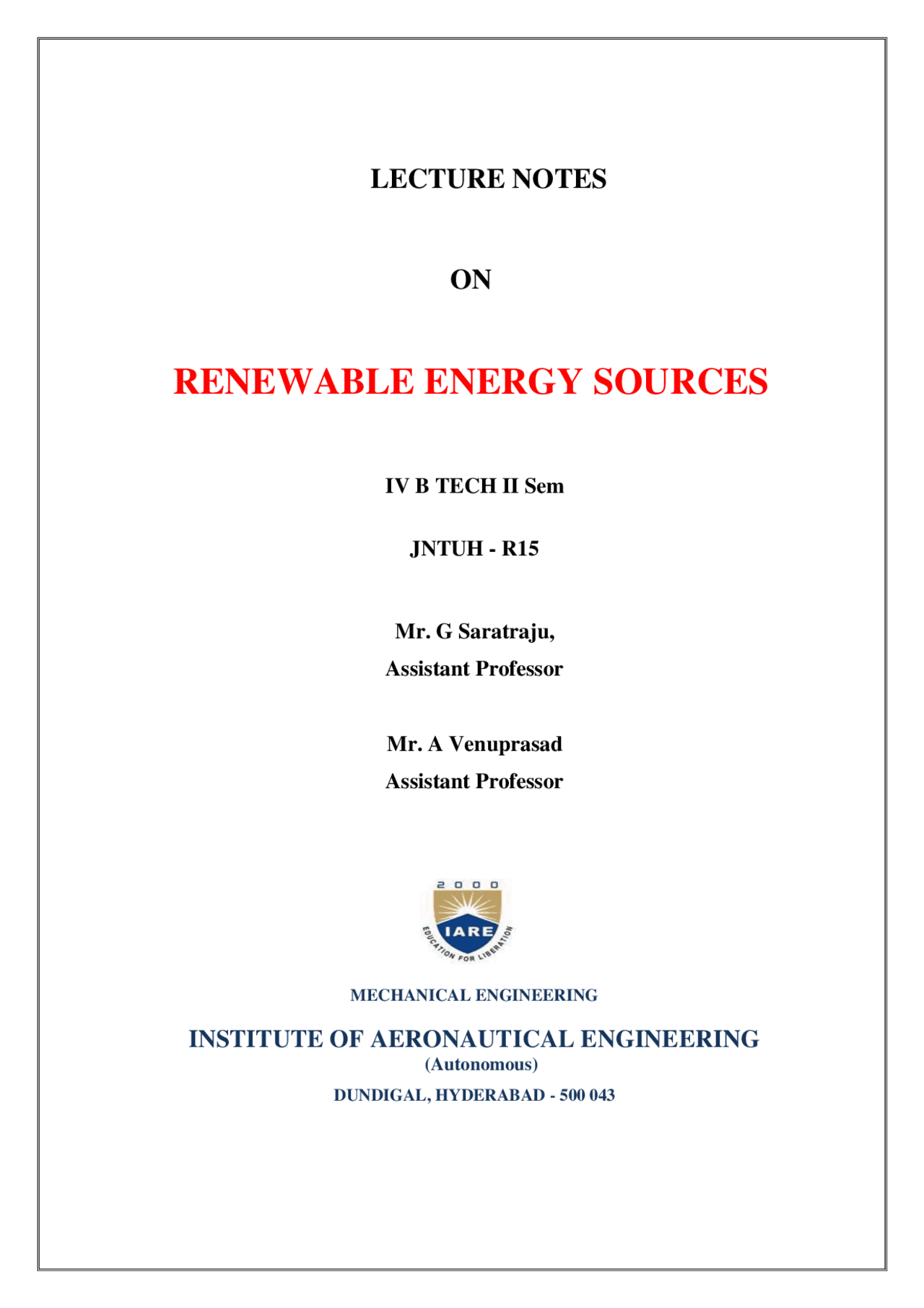 Renewable Energy Sources Lecture Notes Slides Environmental Science