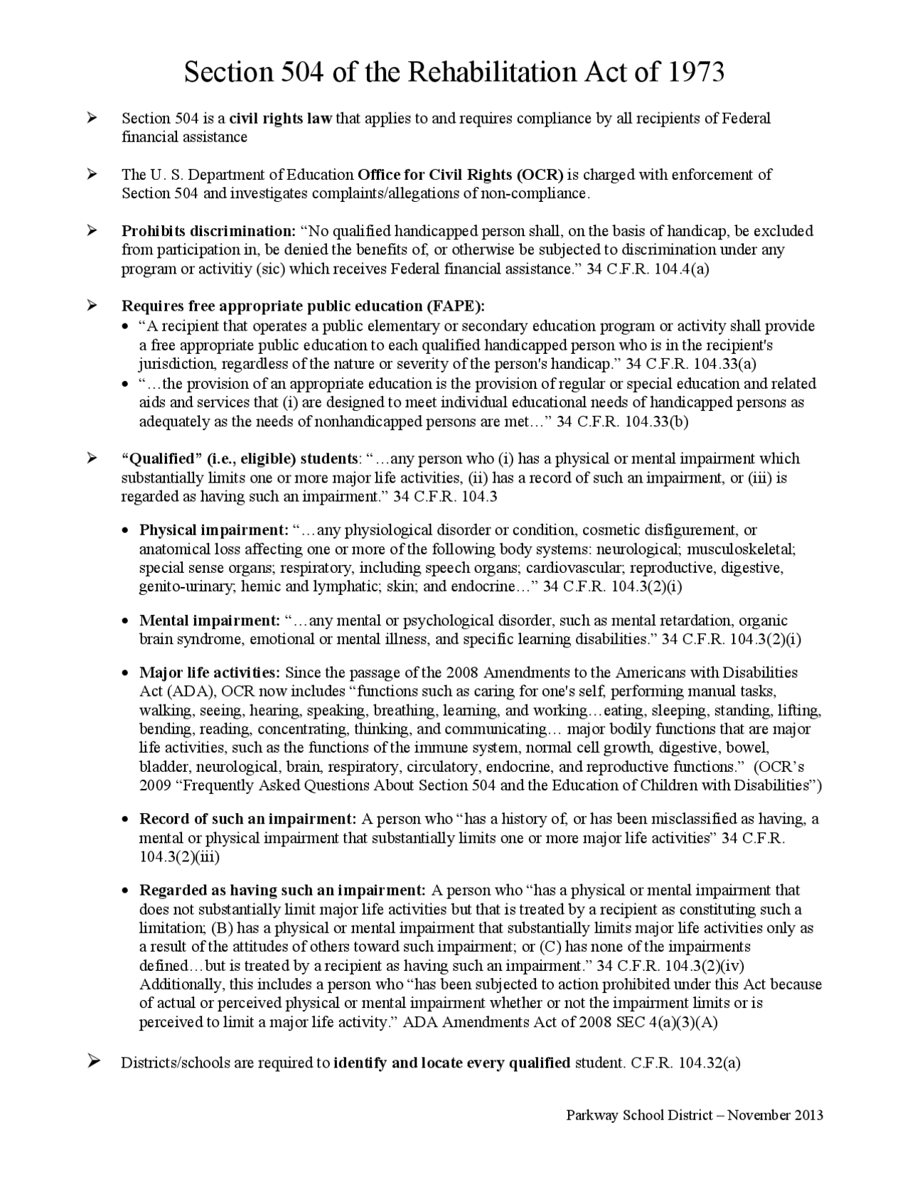 Section 504 of the Rehabilitation Act of 1973 | Exercises Law | Docsity