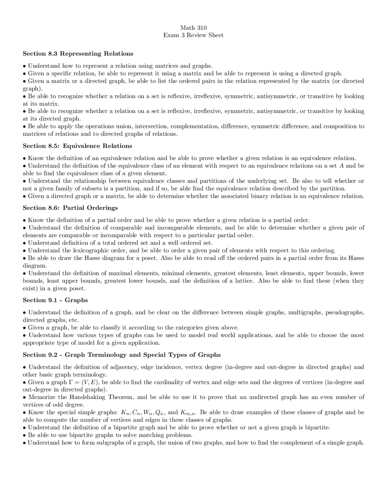 Math 310 Exam 3 Review Sheet | Exams Linear Algebra | Docsity