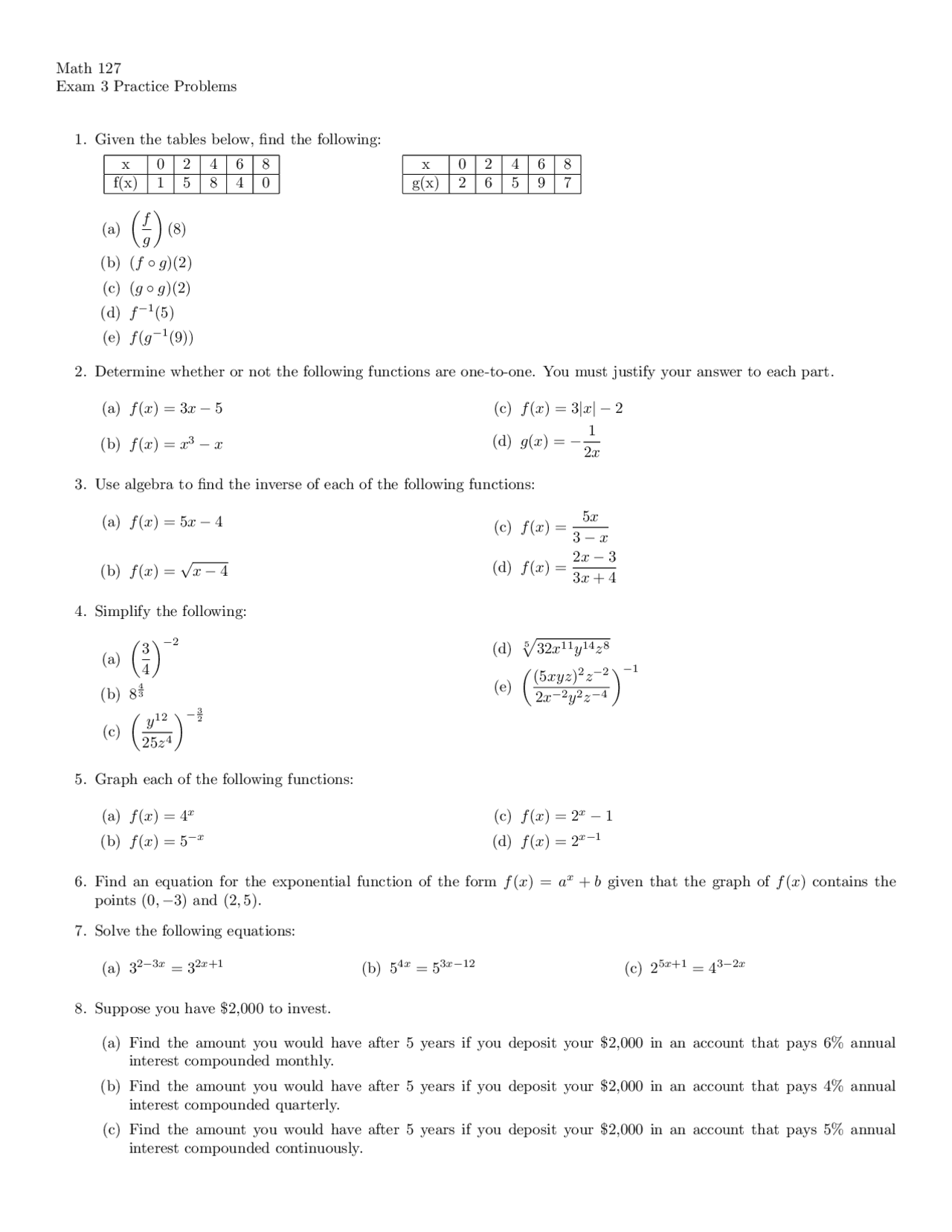 Math 127 Exam 3 Practice Problems | Exams Algebra | Docsity