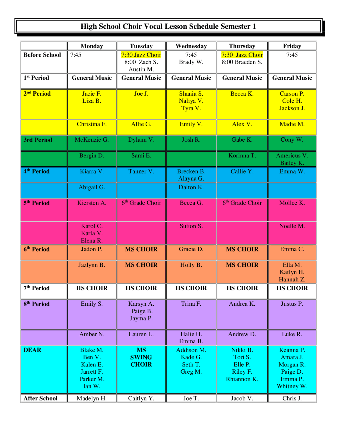 High School Choir Vocal Lesson Schedule Semester 1 | Summaries Music ...