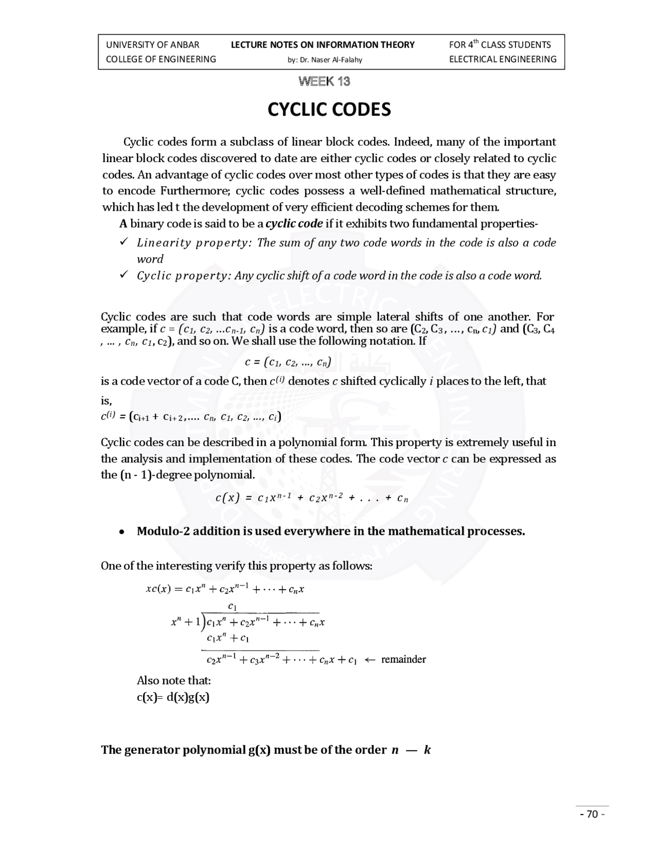 Lecture Notes On Cyclic Codes In Information Theory Lecture Notes