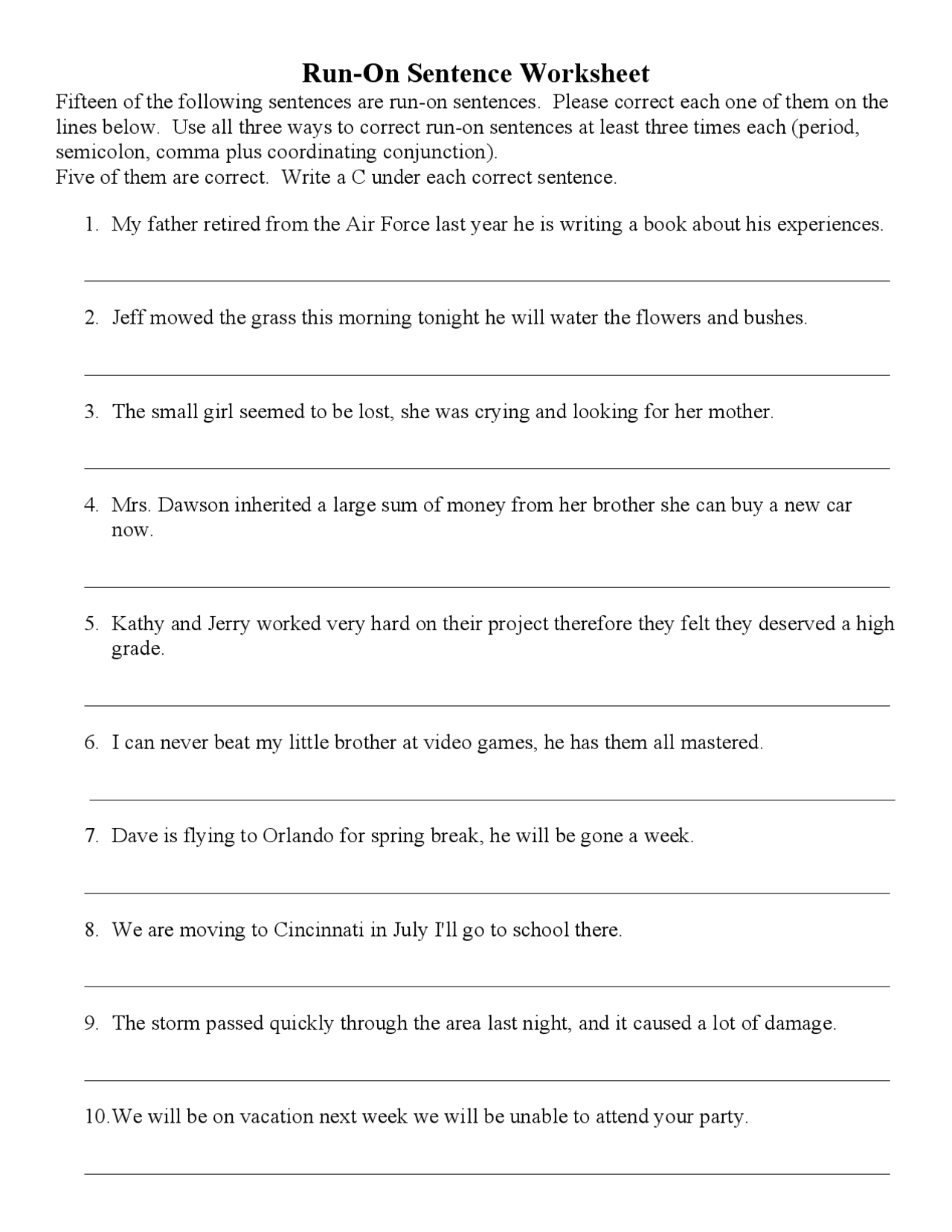 Correcting Run-On Sentences Worksheet | Exams Grammar and Composition ...
