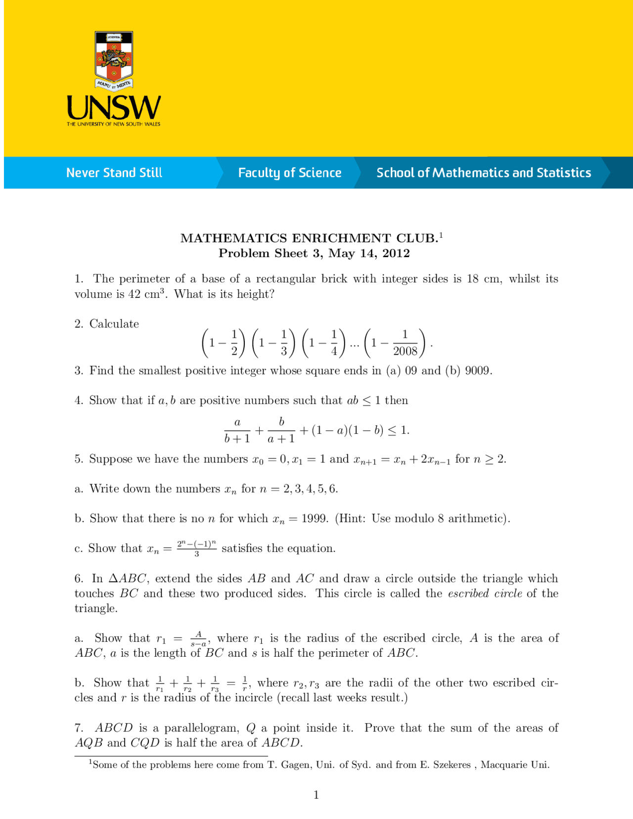 Mathematics Enrichment Club Problem Sheet 3 Slides Mathematics Docsity
