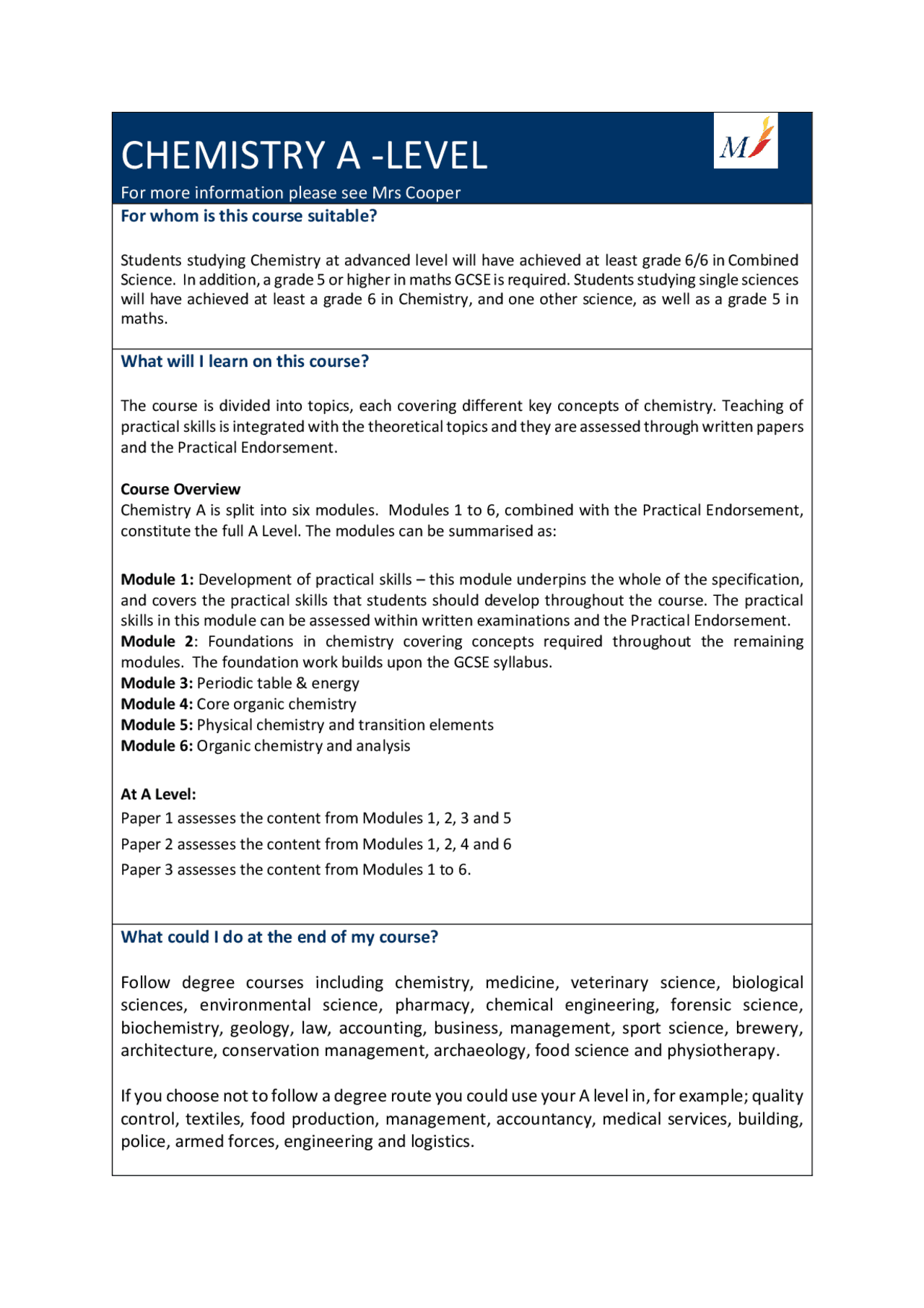 Chemistry A-Level Course Overview | Study notes Chemistry | Docsity