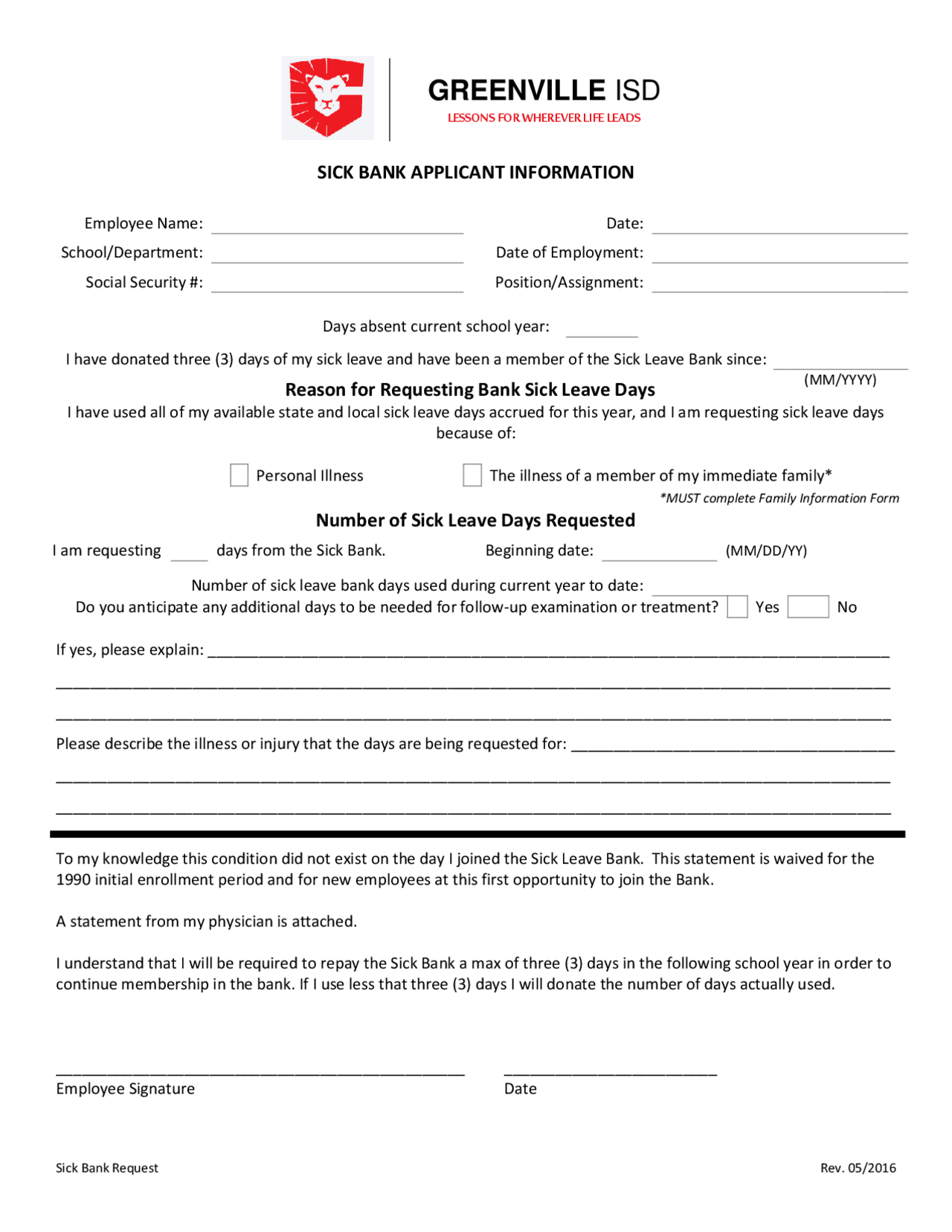 Sick Bank Request Packet | Summaries Law | Docsity