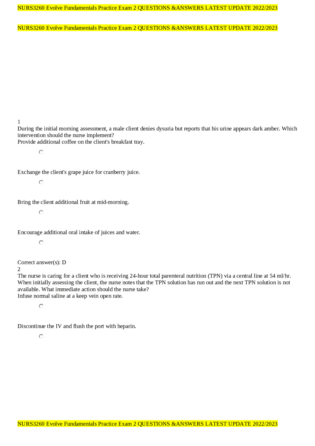 Nurs3260 Evolve Fundamentals Practice Exam 2 Questions Andanswers Latest