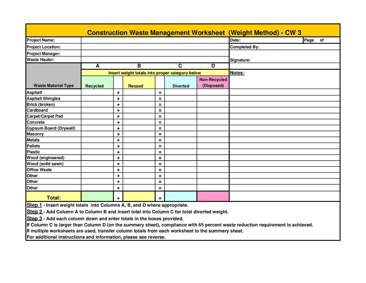 Construction Waste Management Worksheet | Slides Waste Management | Docsity