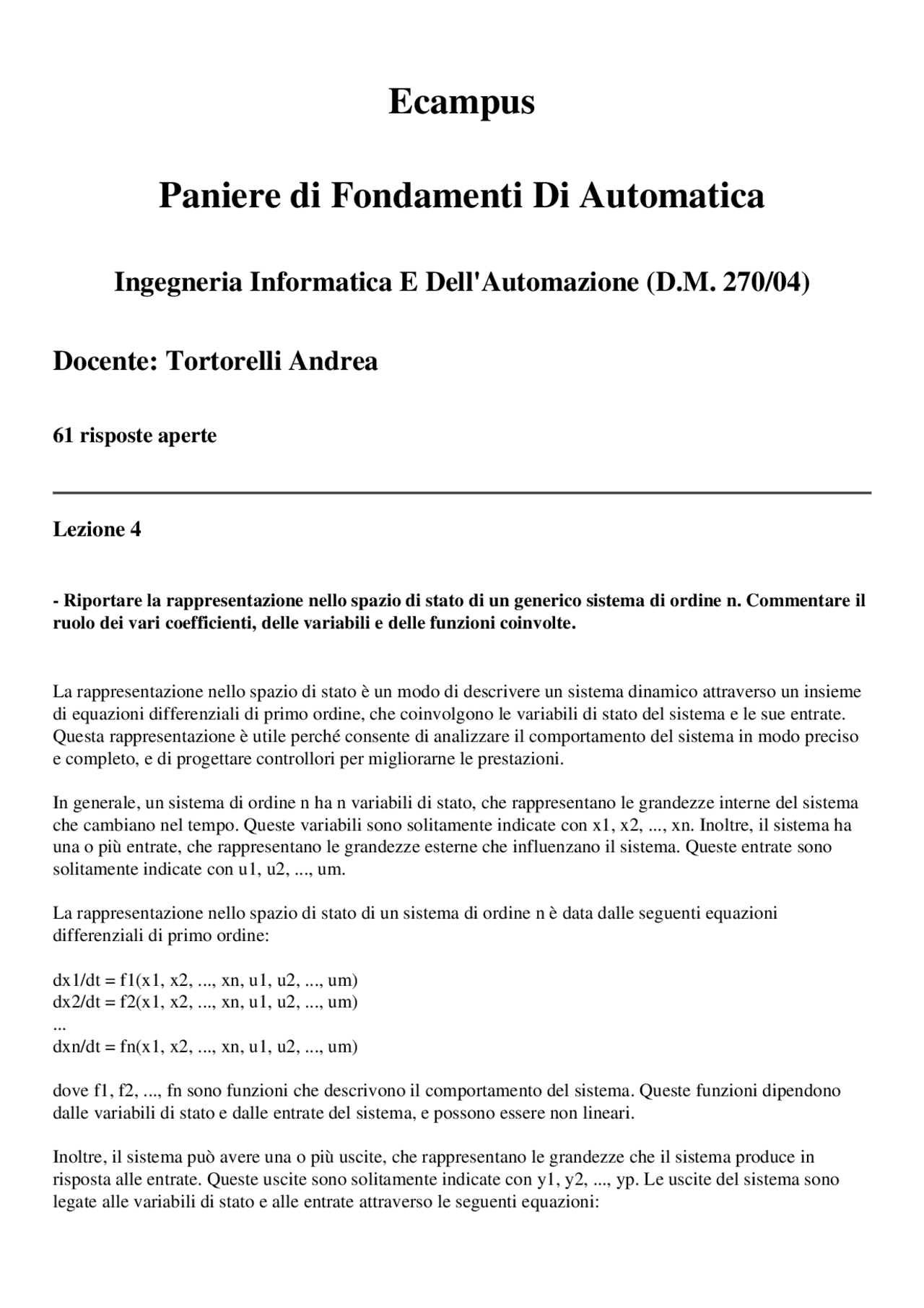 Fondamenti Di Automatica - domande aperte con risposta | Panieri di Automatica | Docsity