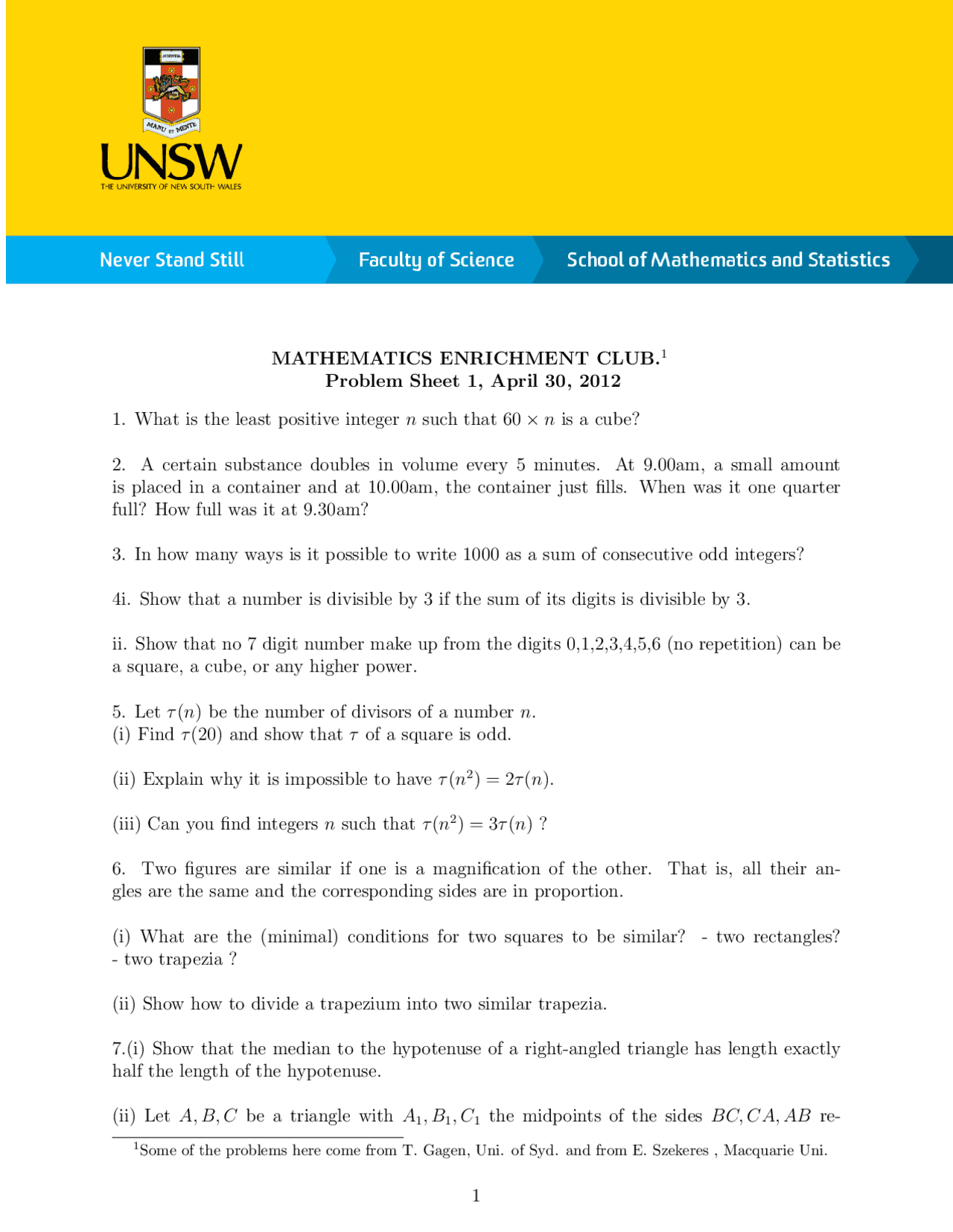 Mathematics Enrichment Club Problem Sheet 1 | Schemes and Mind Maps Mathematics | Docsity