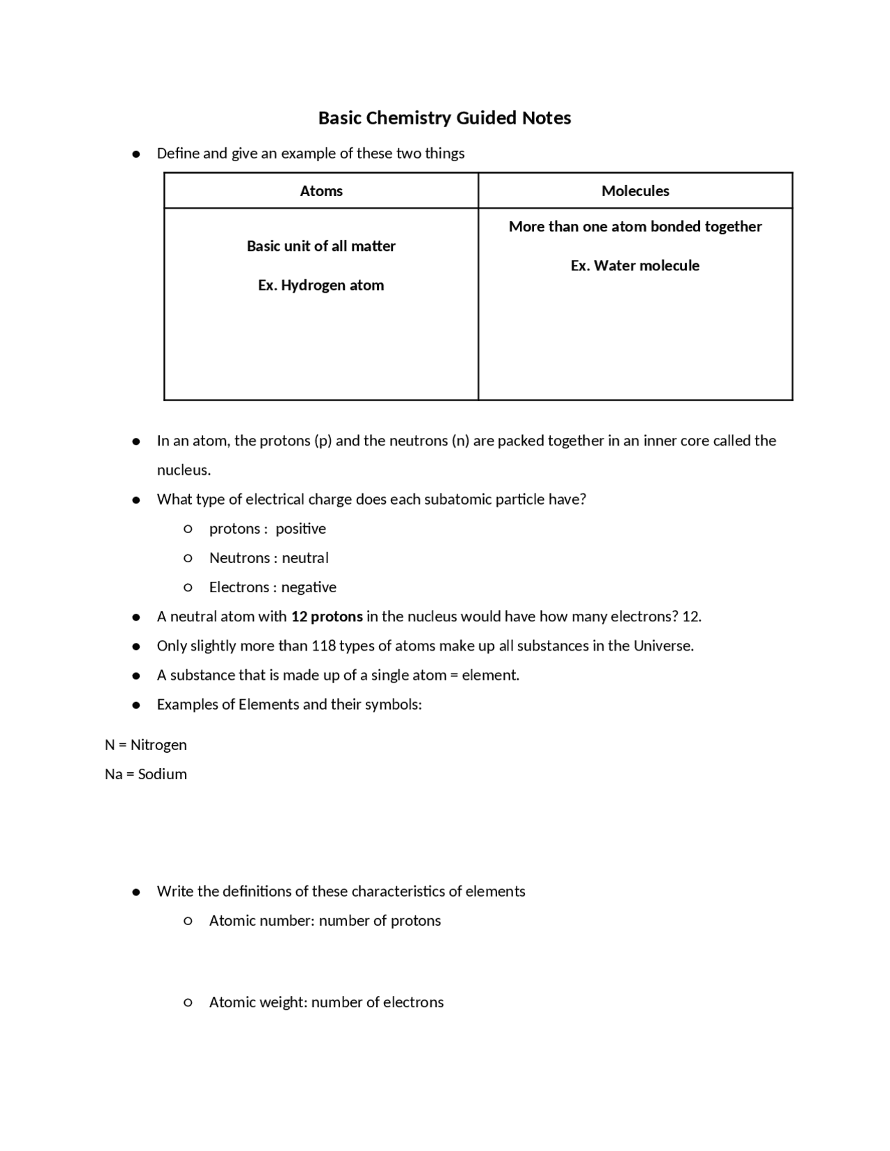 Basic Chemistry Guided Notes: Atoms, Molecules, and Chemical Formulas ...