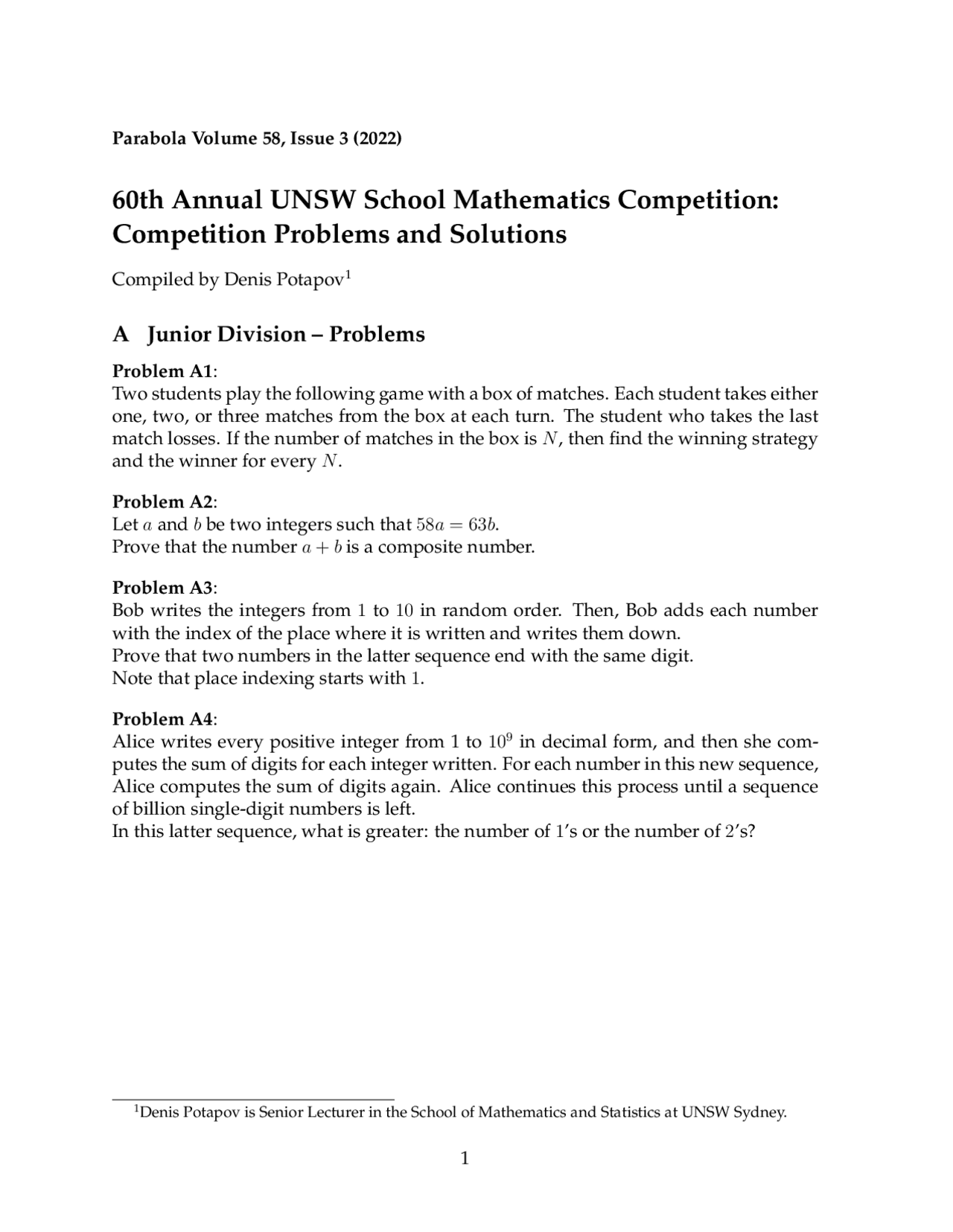UNSW School Mathematics Competition Problems and Solutions | Summaries Mathematics | Docsity