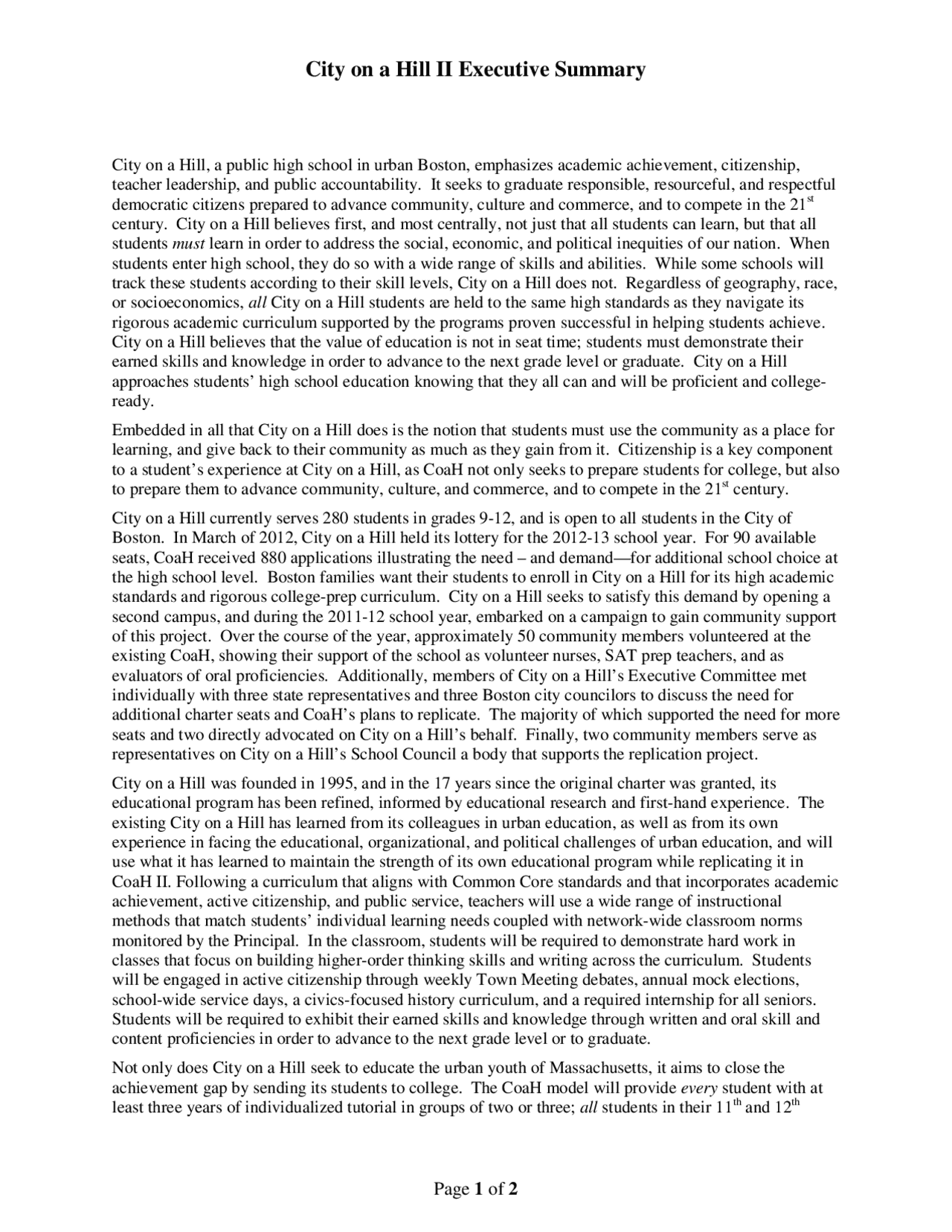 City on a Hill II: Executive Summary | Study notes Geography | Docsity