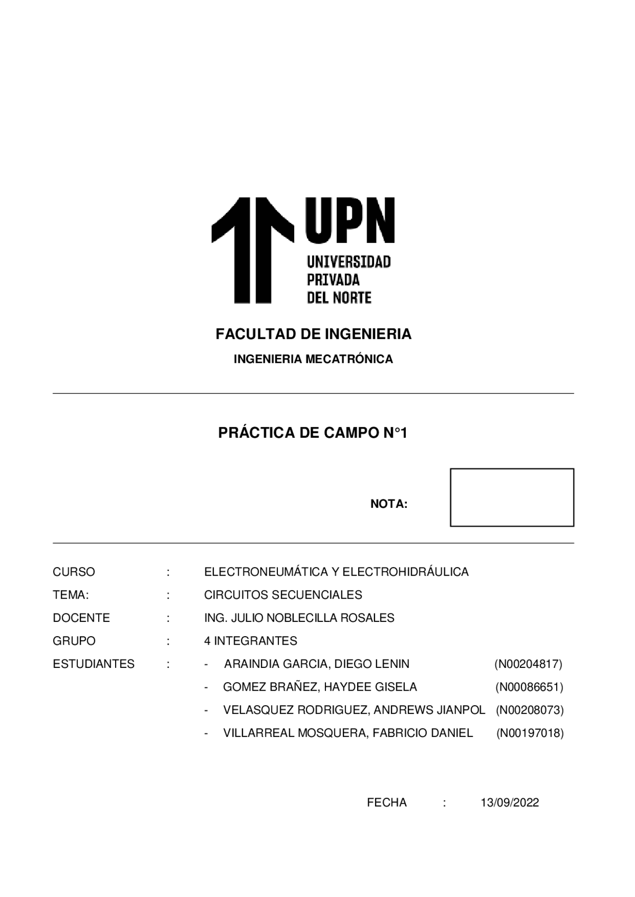 Practica De Campo N°01 Ee Upn Apuntes De Neumática Docsity
