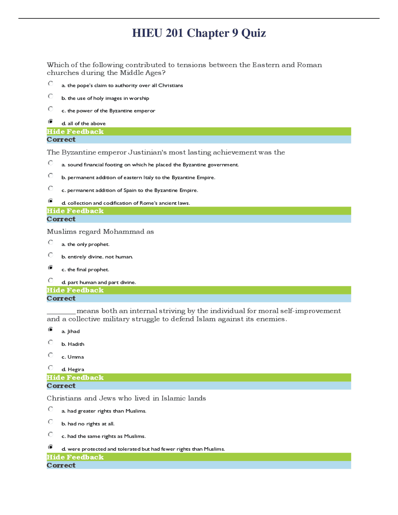 HIEU 201 Chapter 9 Quiz | Exams History | Docsity