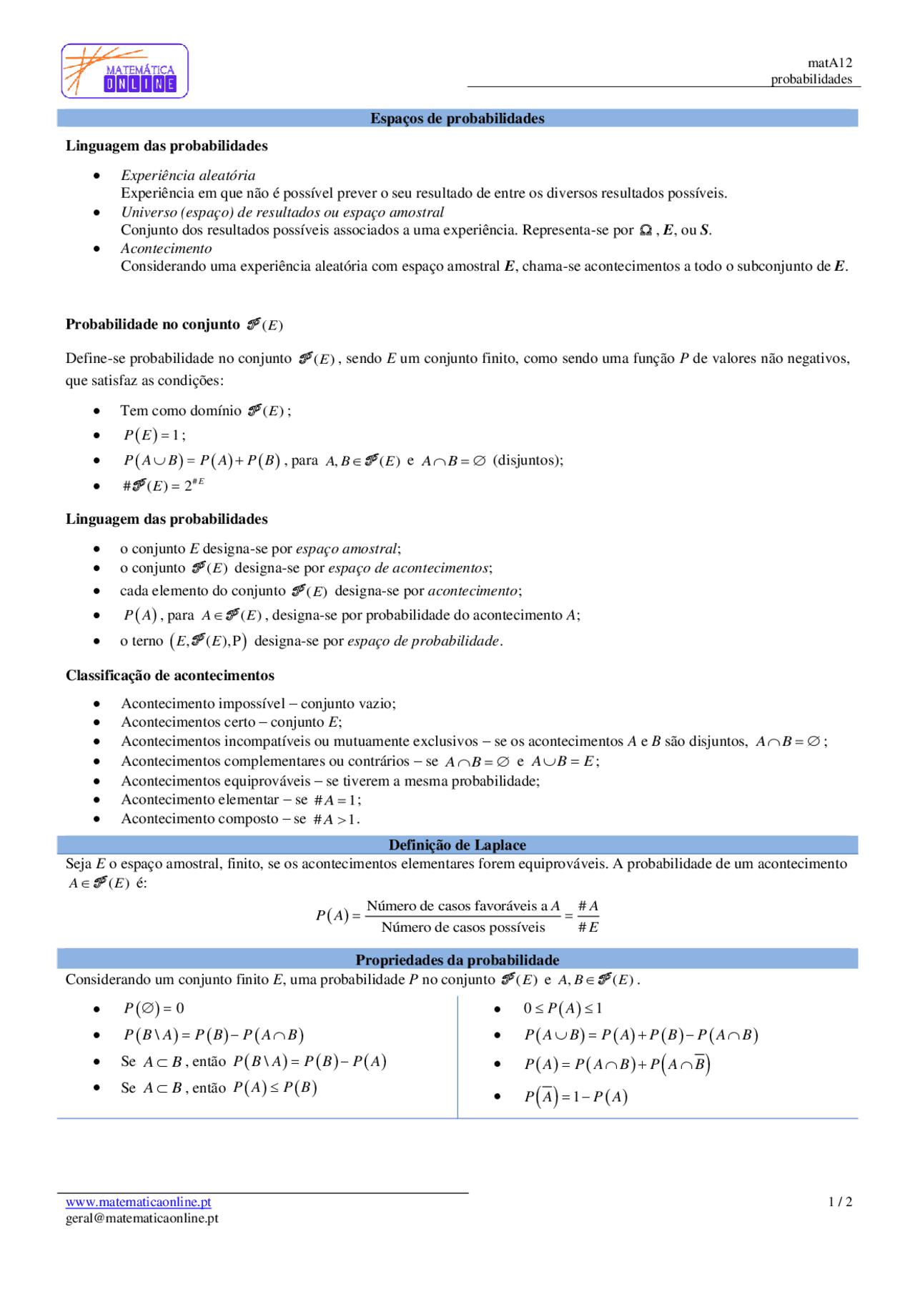 PROBABILIDADES RESUMO | Esquemas Matemática | Docsity