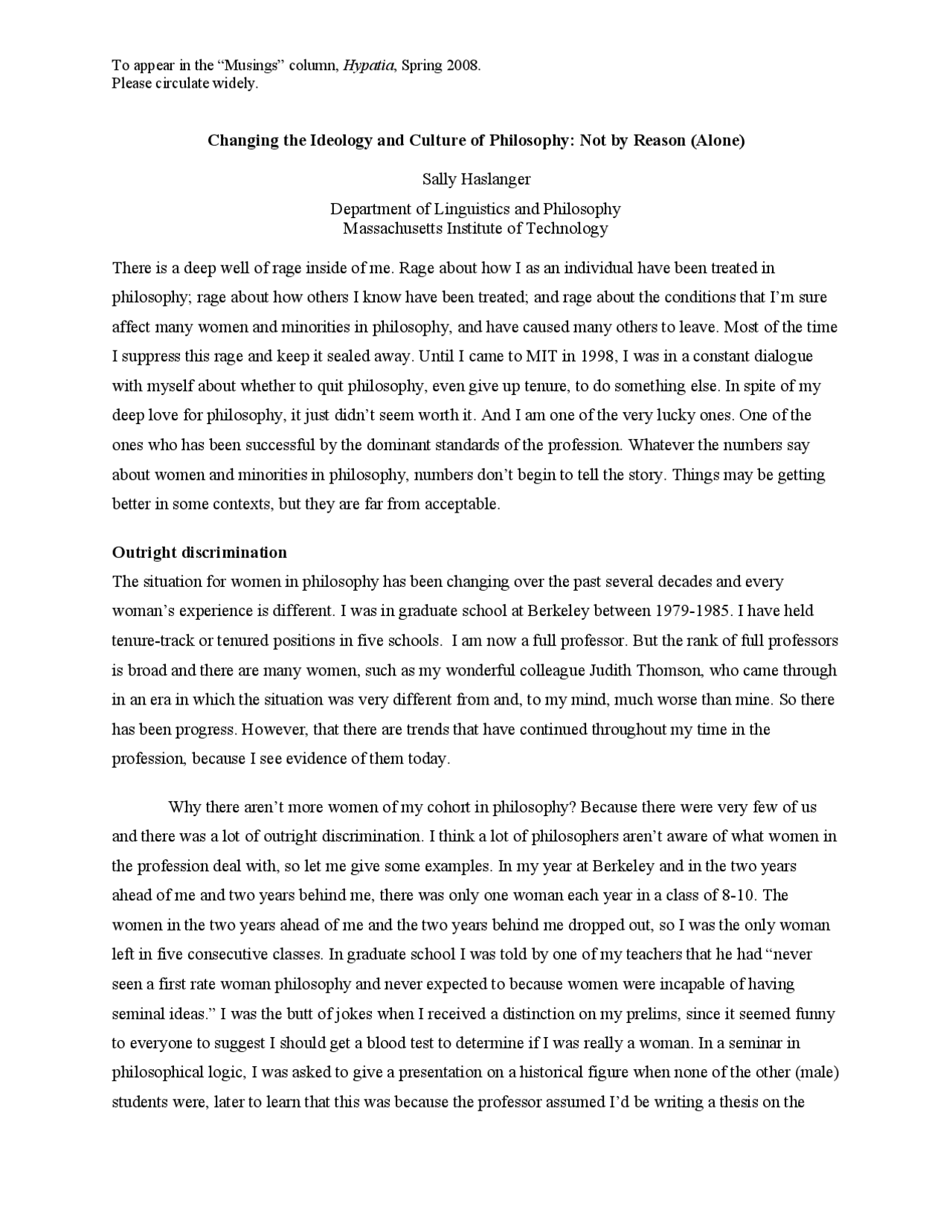 Changing the Ideology and Culture of Philosophy | Exams History of Philosophy | Docsity