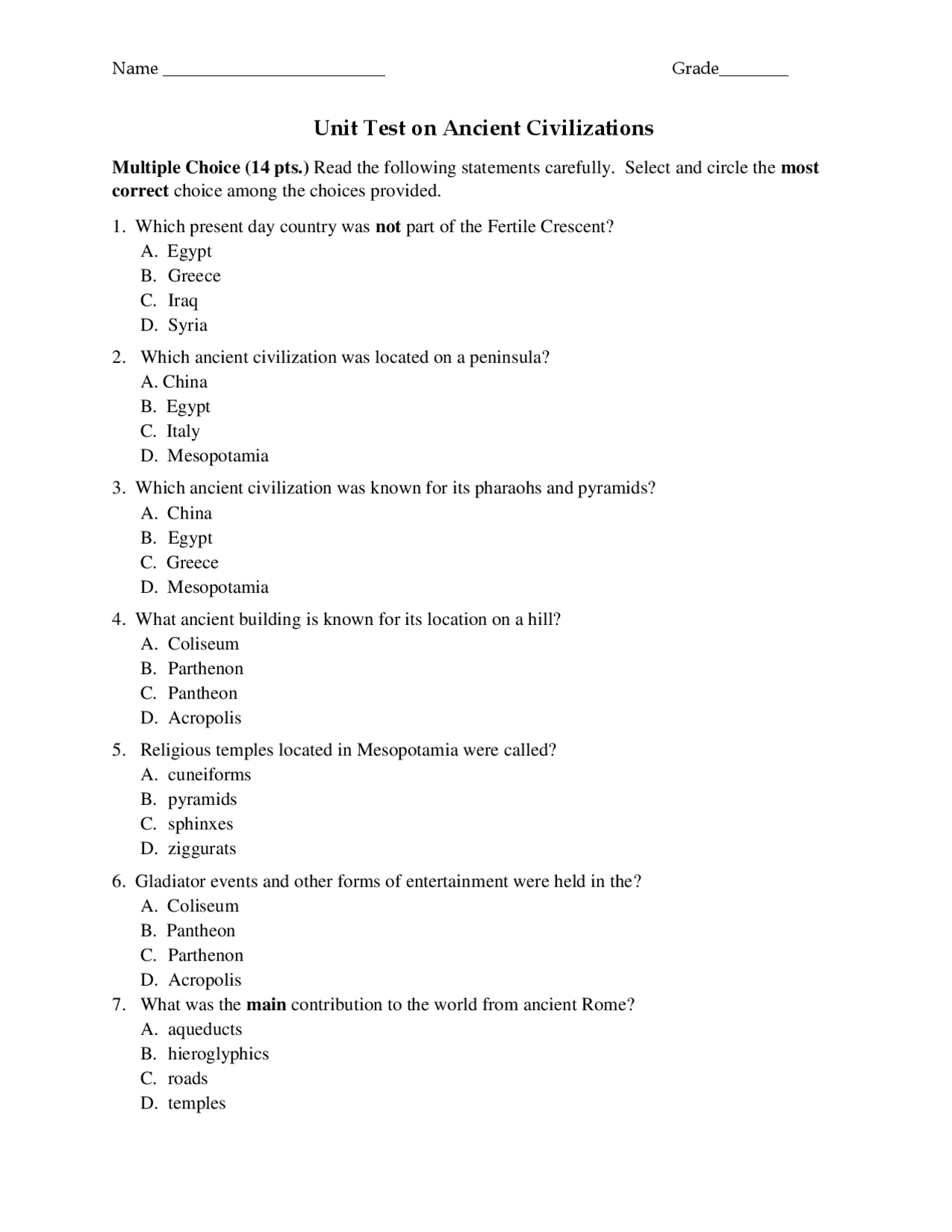 Unit Test on Ancient Civilizations | Slides Ancient history | Docsity