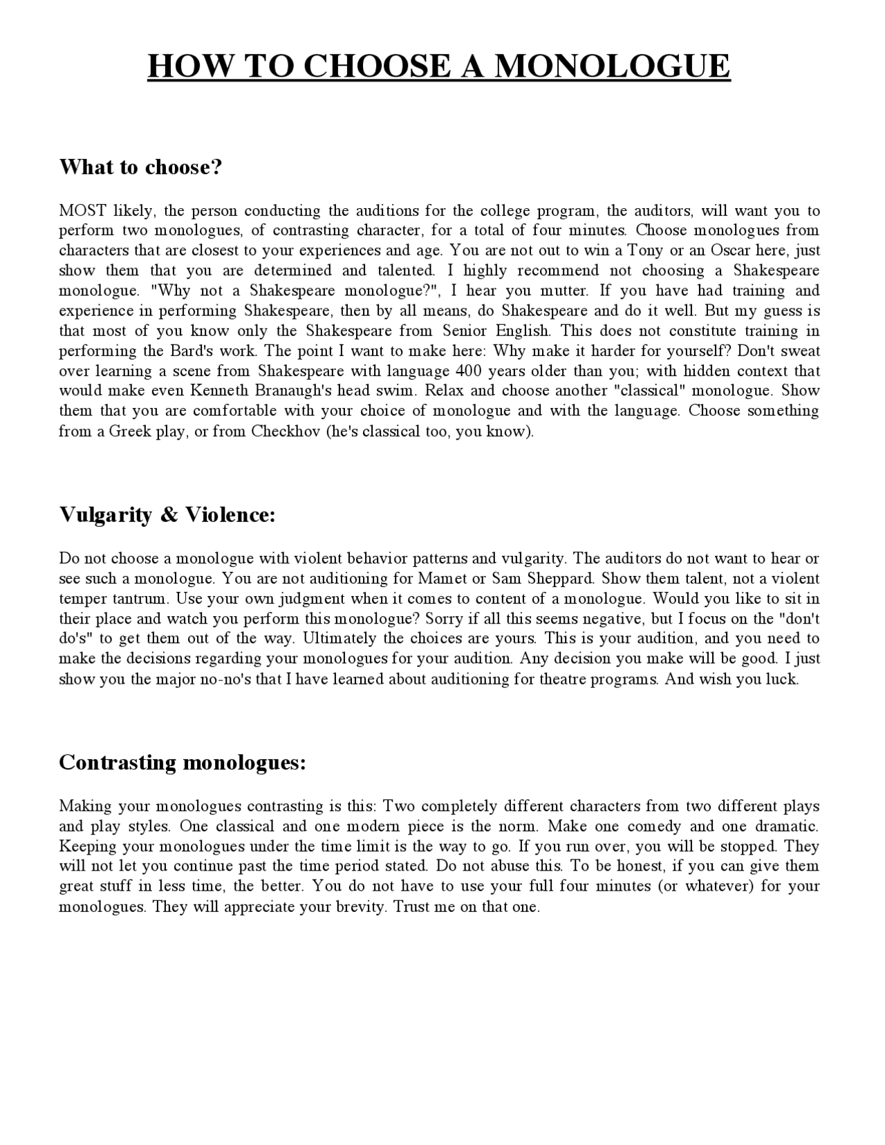 How to Choose a Monologue for College Auditions | Exercises English ...
