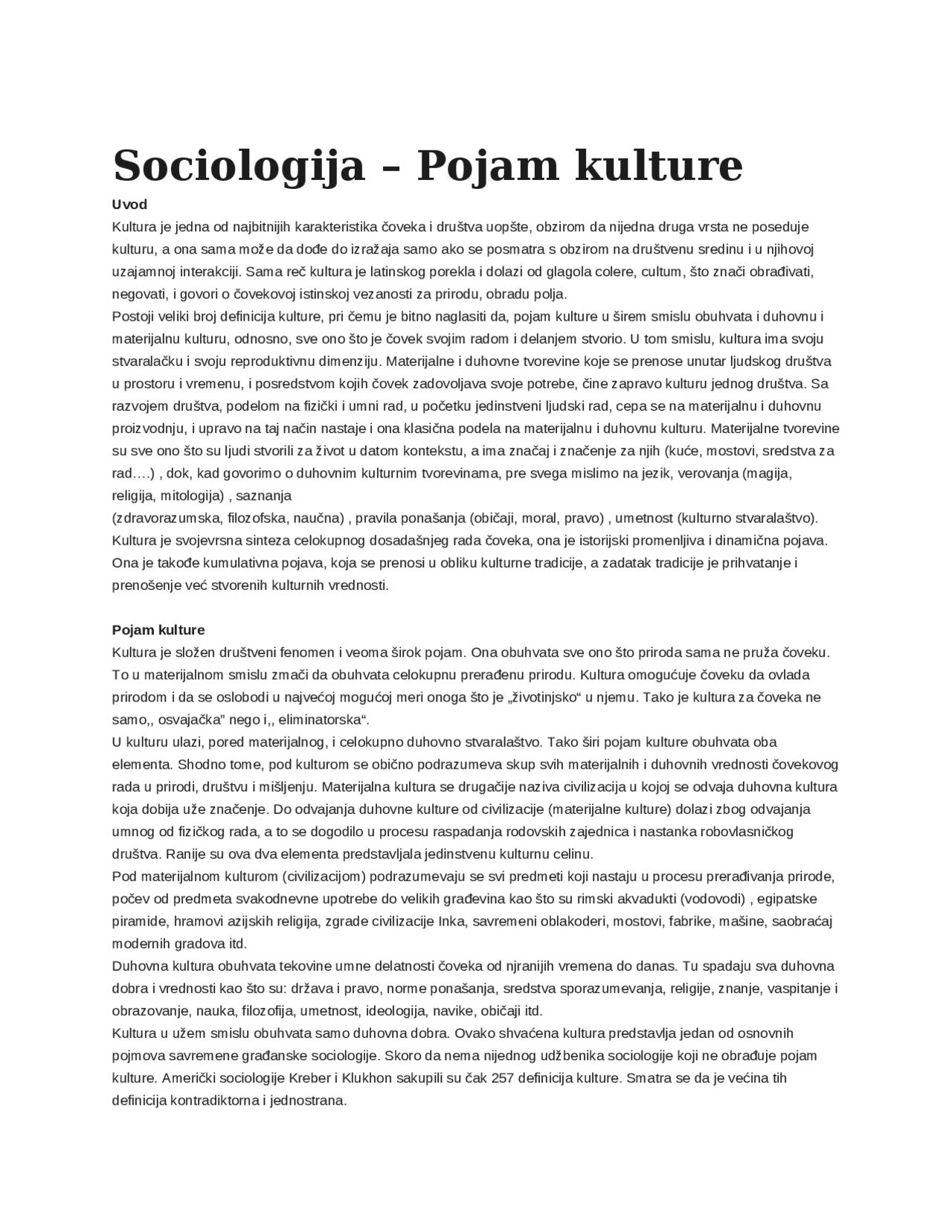 Sociologija - pojam kulture | Skripte' predlog Sociologija | Docsity