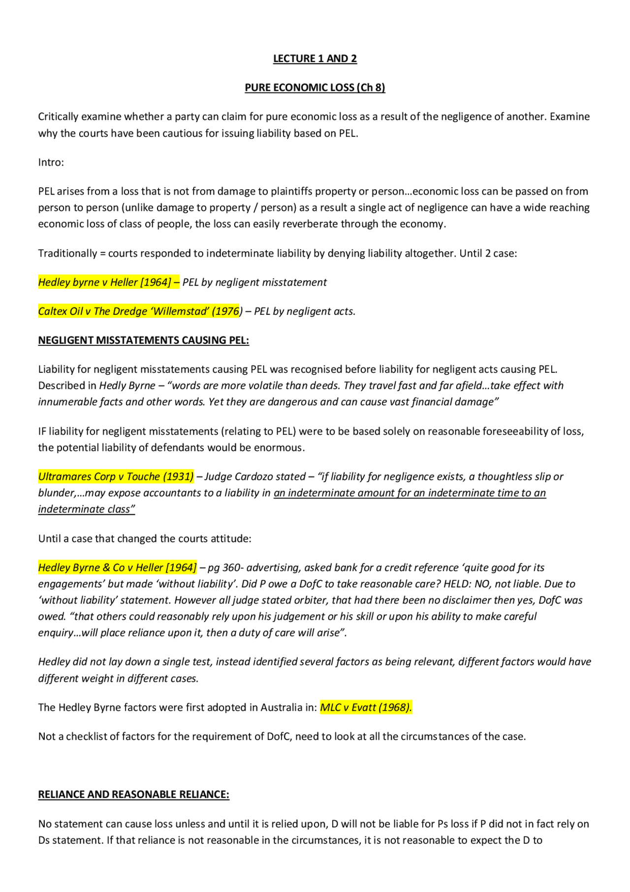 Pure Economic Loss and Negligence | Study notes Microeconomics | Docsity