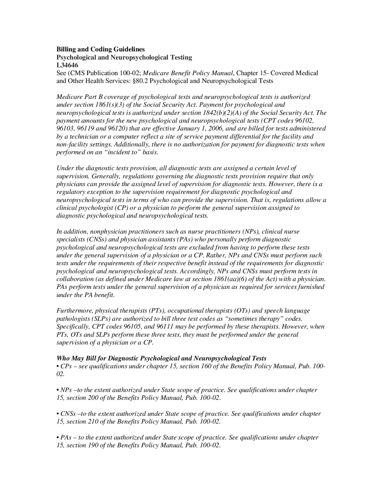 Billing and Coding Guidelines for Psychological and Neuropsychological ...