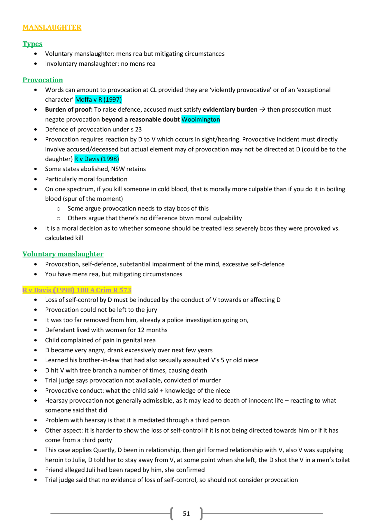 Manslaughter and Provocation in Criminal Law | Exercises Law | Docsity