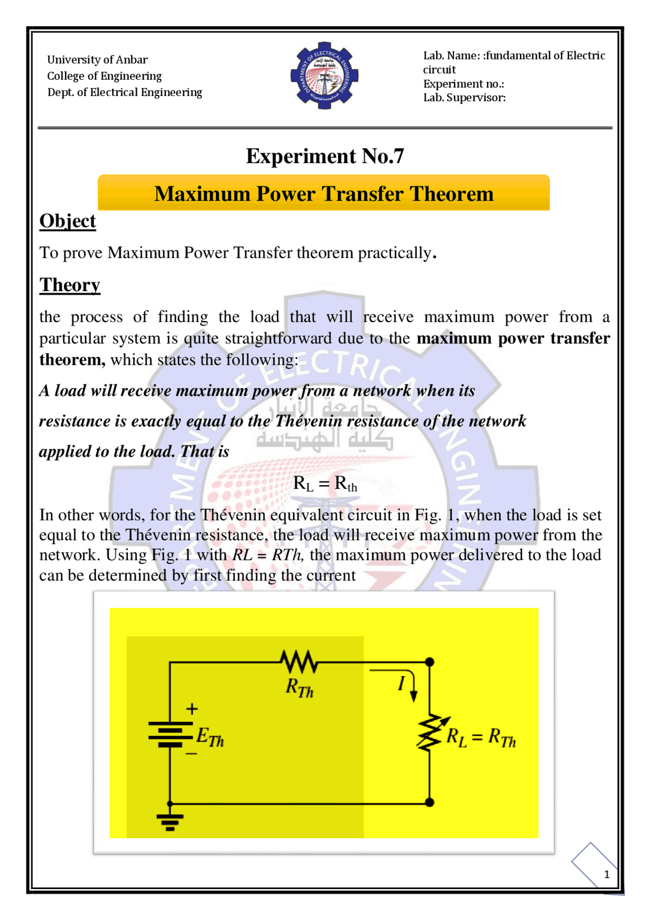 Experiment No.7 Maximum Power Transfer Theorem | Slides Engineering | Docsity