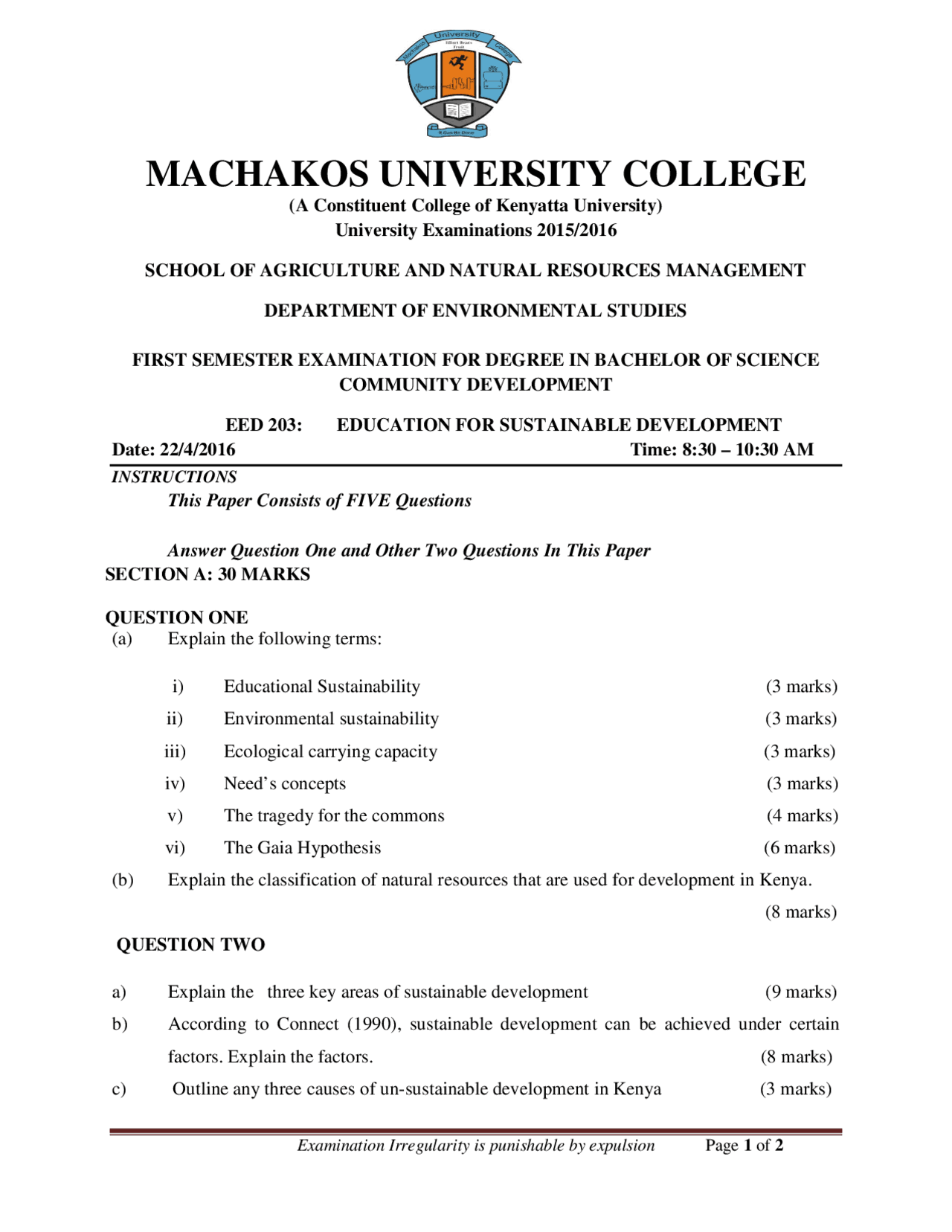 Examination Irregularity and Exam Instructions | Exercises Sustainable ...