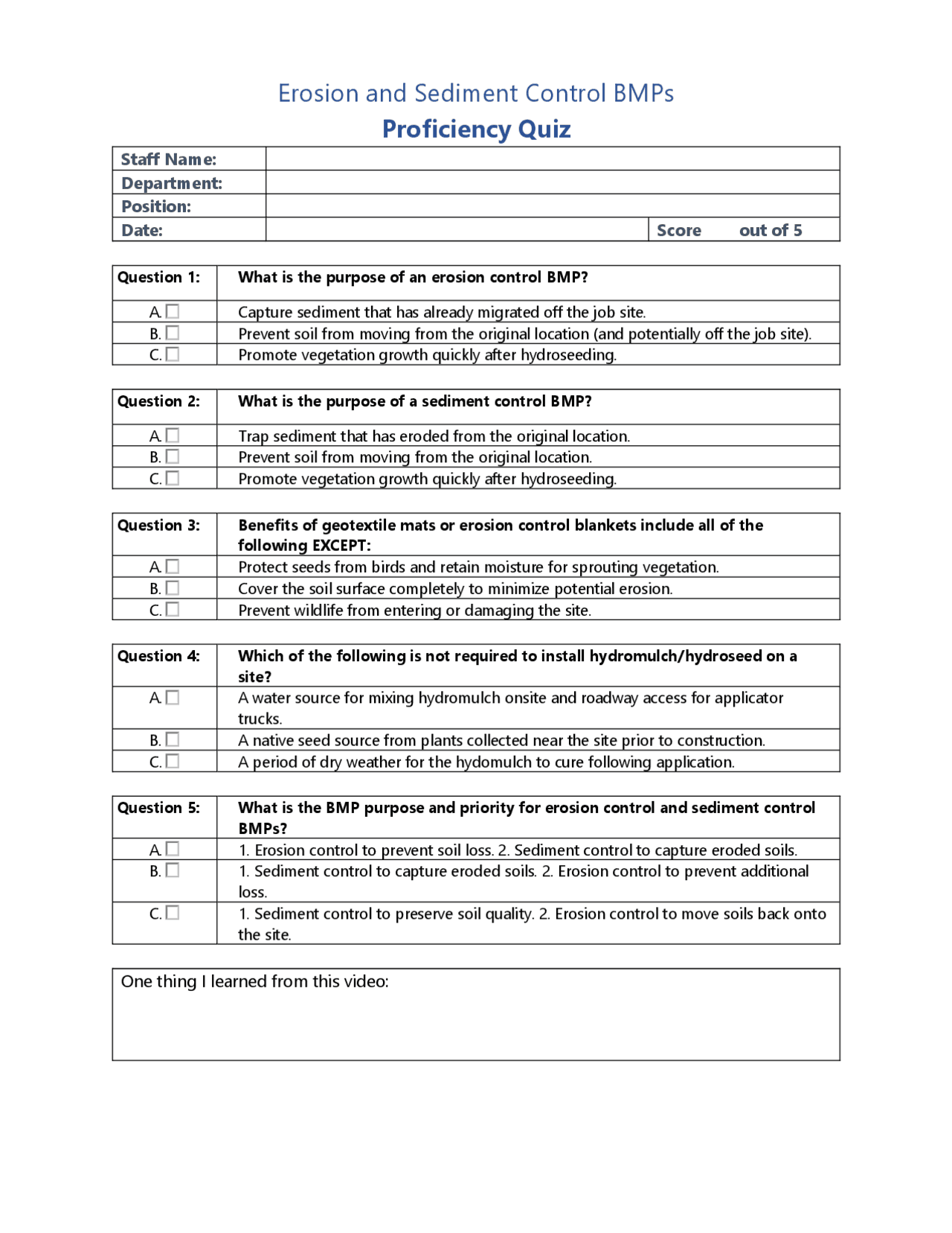 Erosion And Sediment Control Bmps Proficiency Quiz Lecture Notes