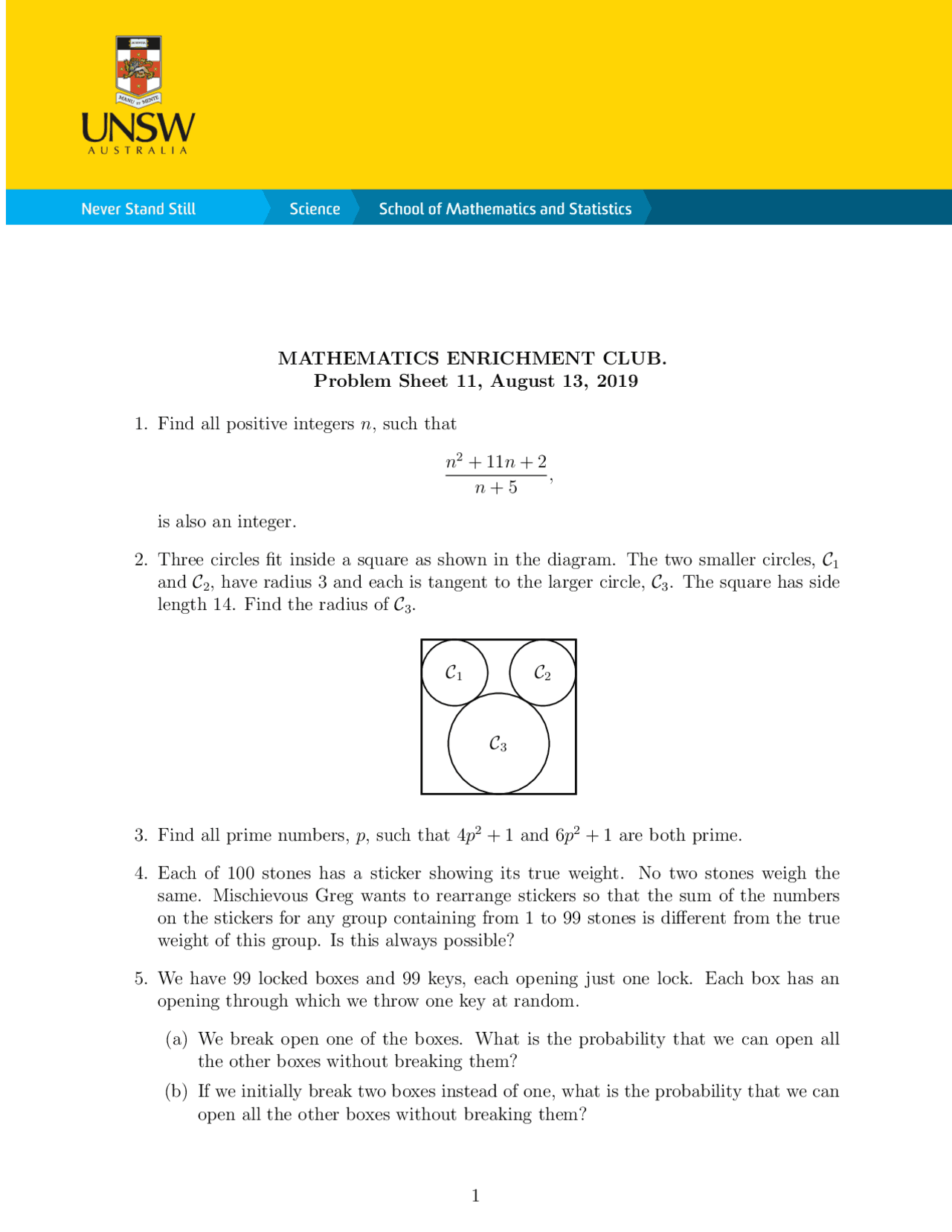 Mathematics Enrichment Club Problem Sheet 11 | Exercises Mathematics ...