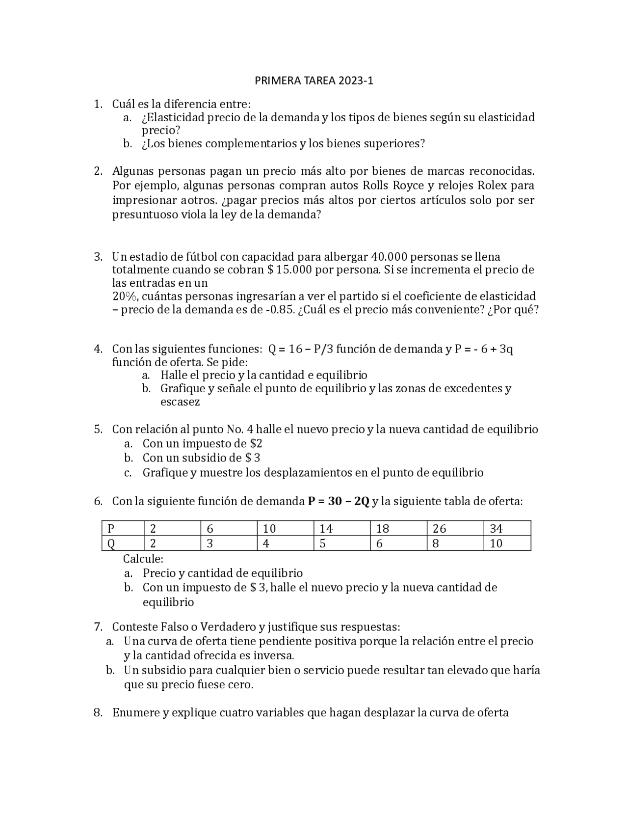 Tarea 1 Ejercicio Para Practicar Ejercicios De Microeconomía Docsity