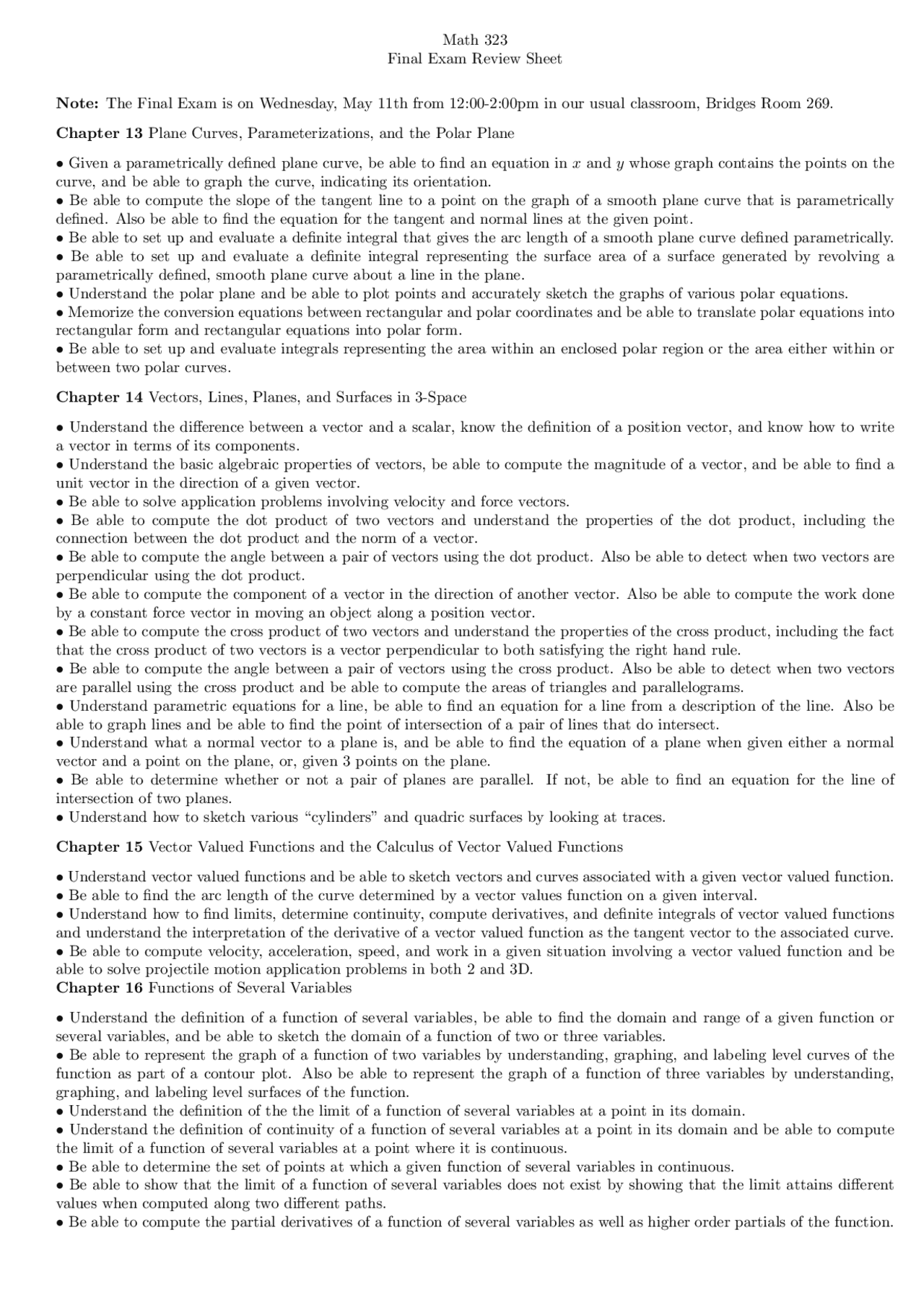 Math 323 Final Exam Review Sheet Exercises Calculus Docsity