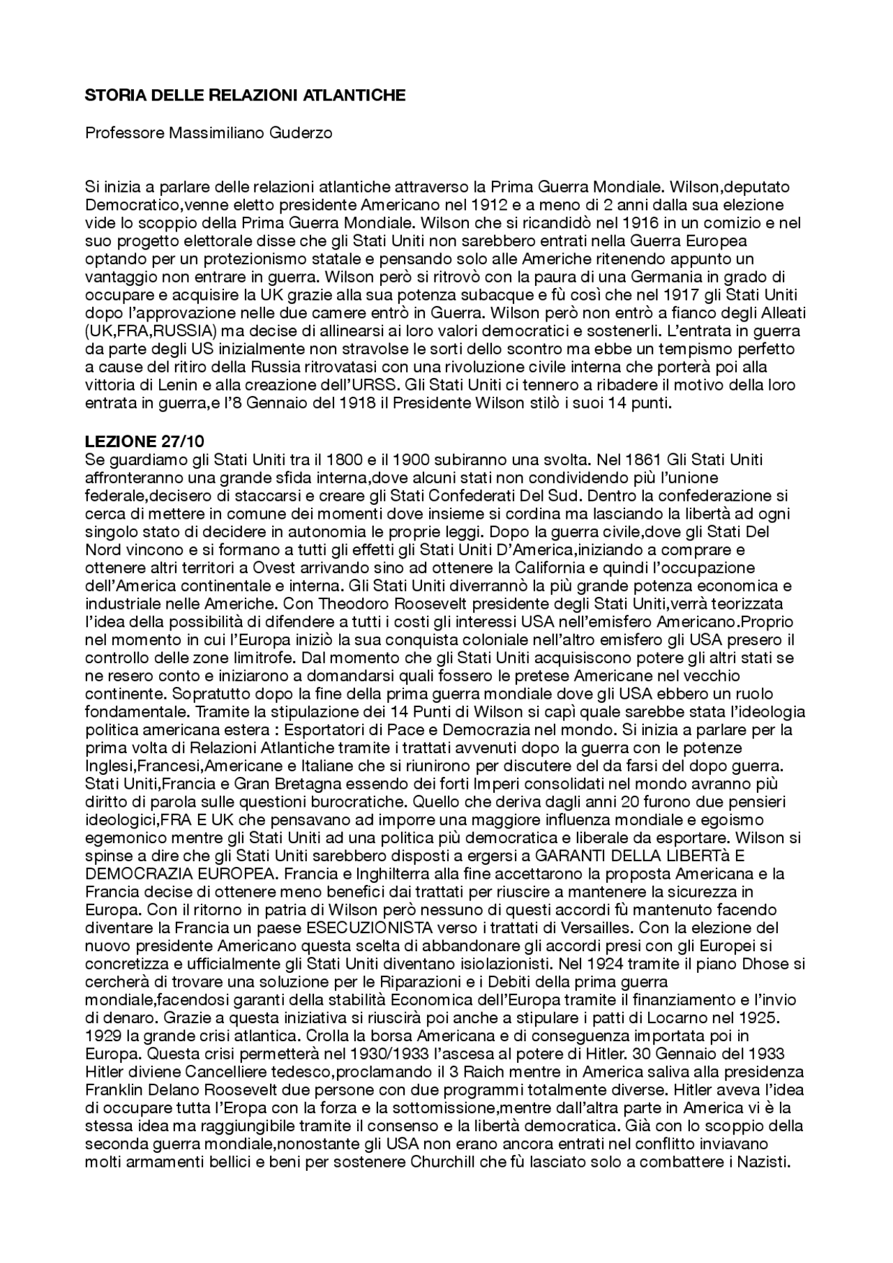 Riassunto Appunti Storia Relazioni Atlantiche Sintesi Del Corso Di