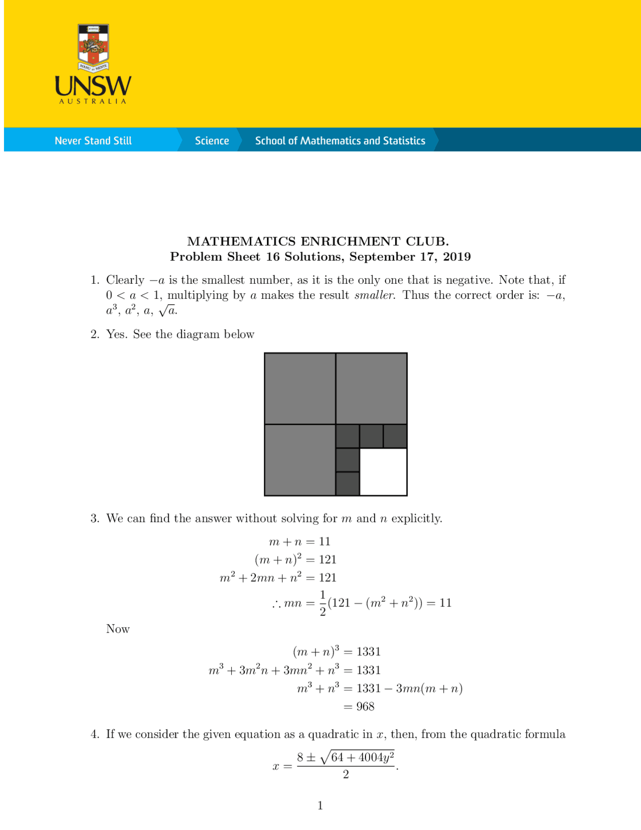 Mathematics Enrichment Club Problem Sheet 16 Solutions Exercises