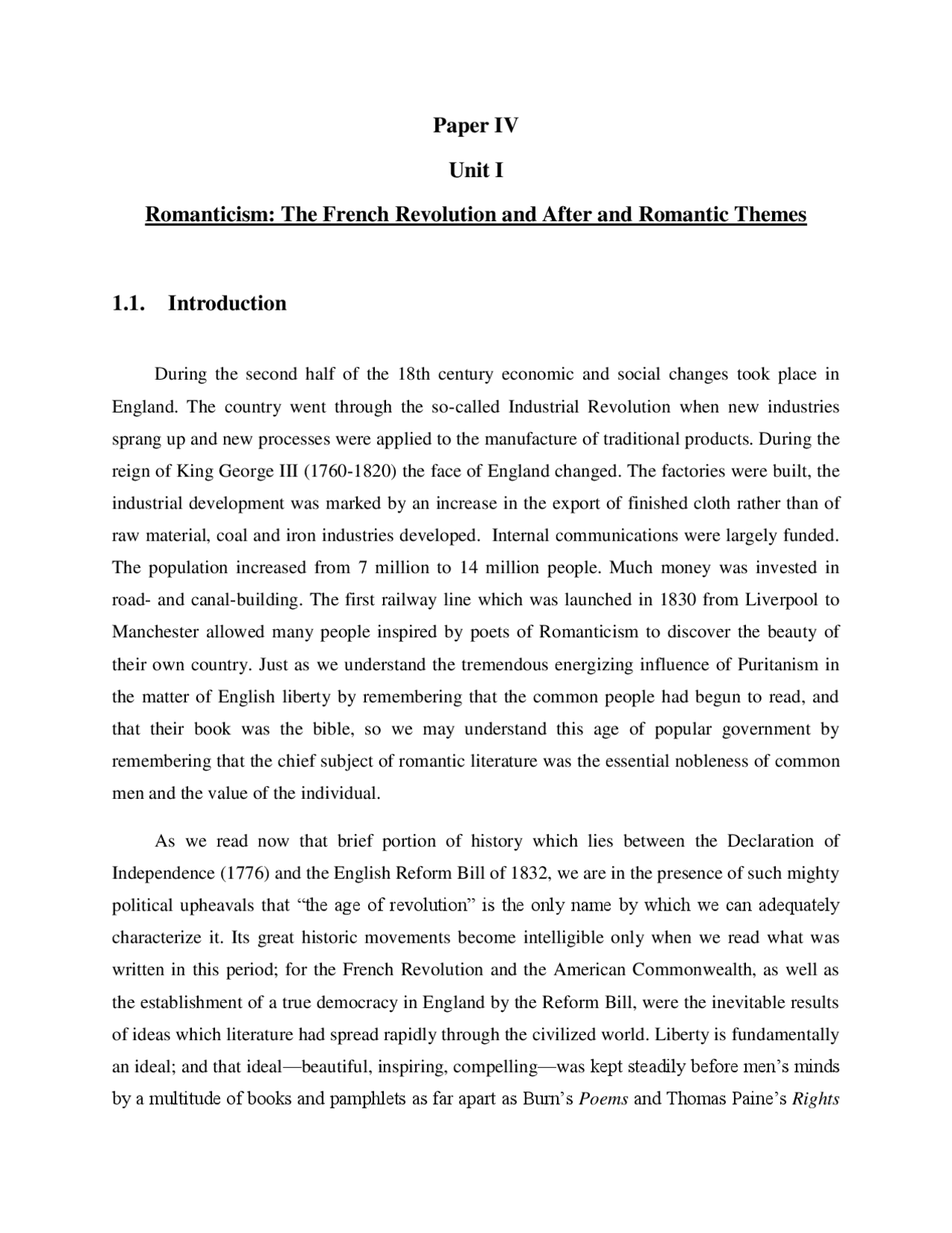 Paper IV Unit I Romanticism: The French Revolution and After ...